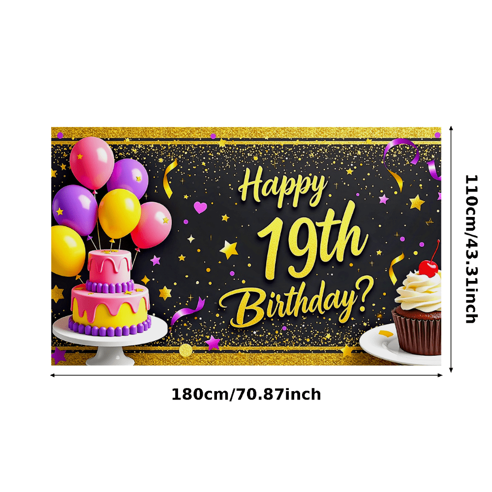Glittery Black Background Happy 19th Birthday Banner with Balloons ...