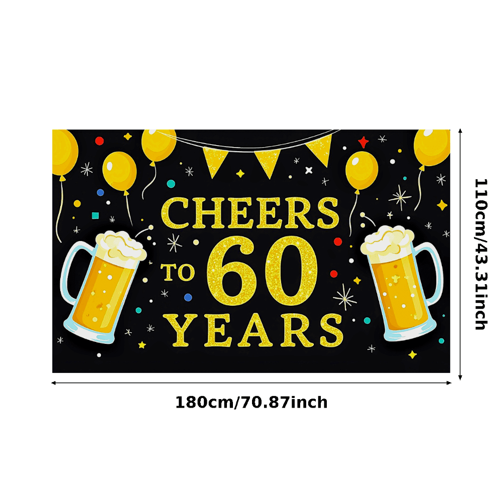 Glittery Gold Cheers to 60 Years Banner with Beer Mugs Balloons and ...