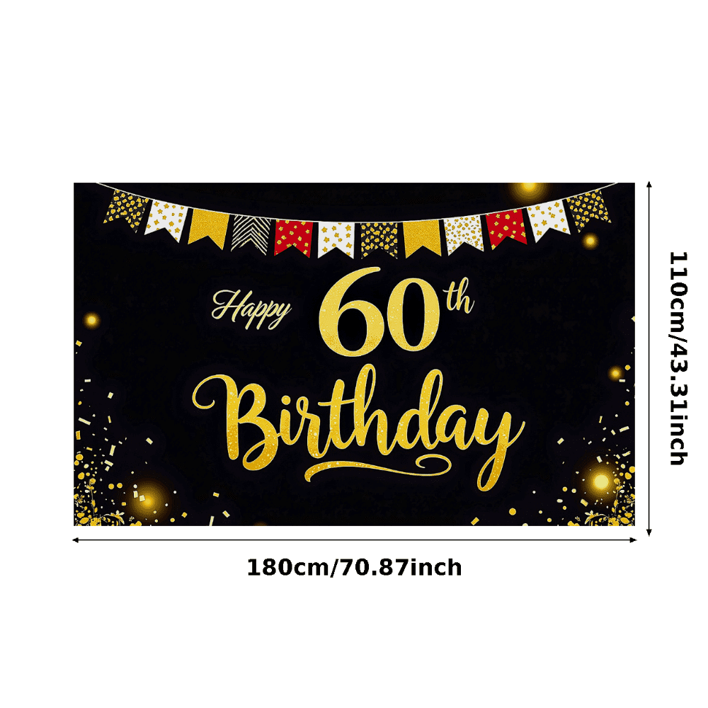 Glittery Gold Happy 60th Birthday Backdrop Banner with Patterned Flags ...