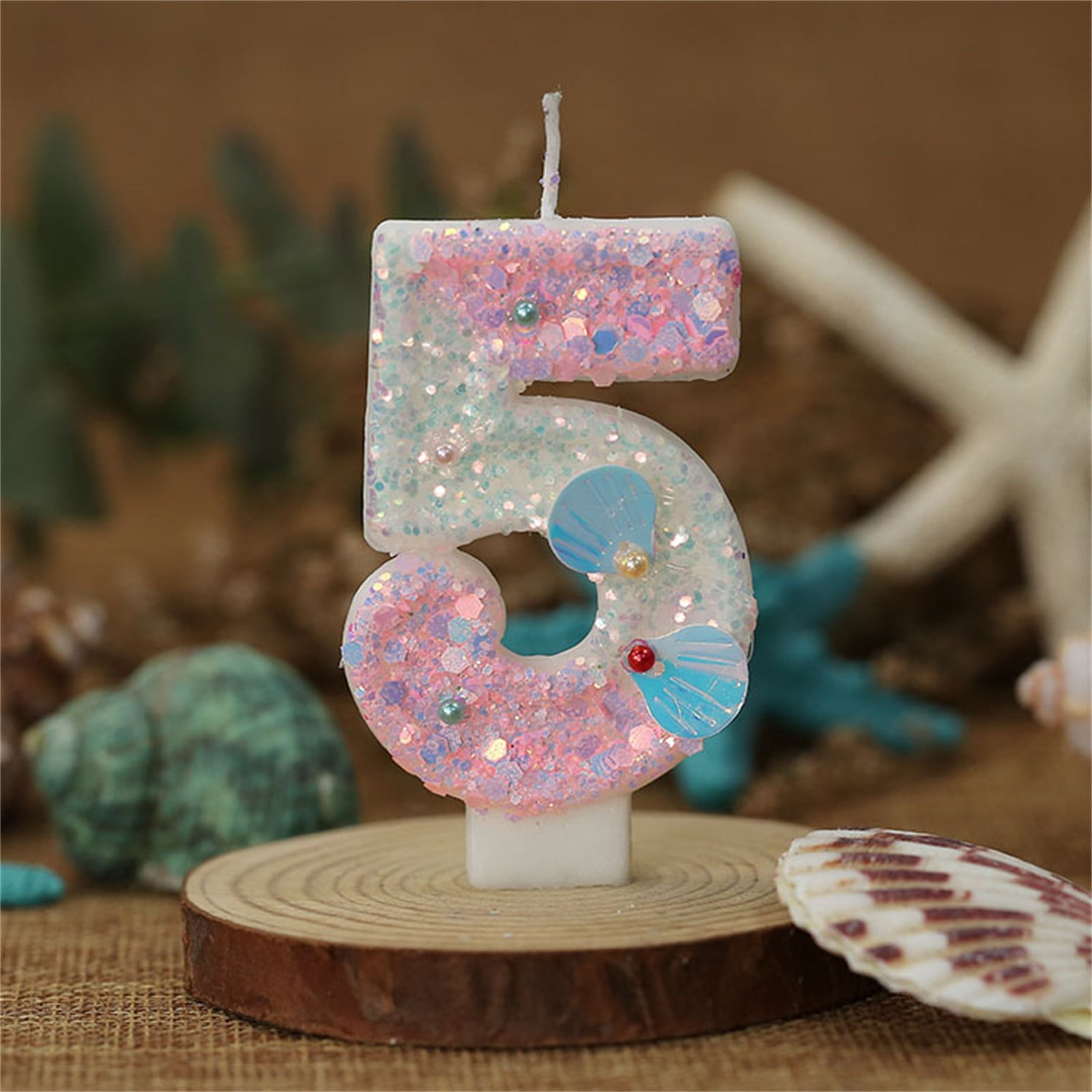 Glittery Mermaid-Themed Number 0 Birthday Candle with Shell Decorations ...