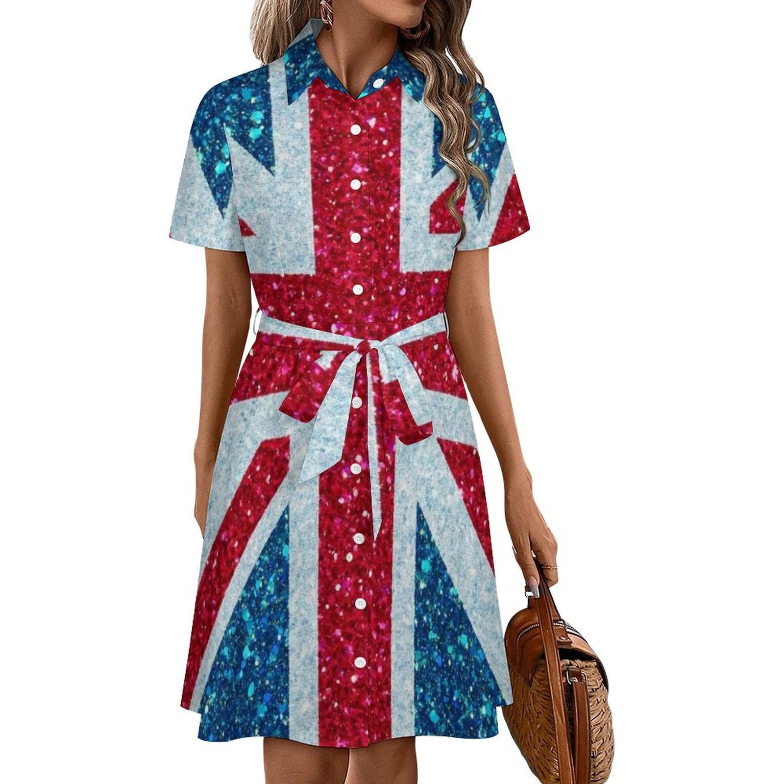Glittery Union Jack Flag Womens Shirt Dresses Women'S Short Sleeve ...