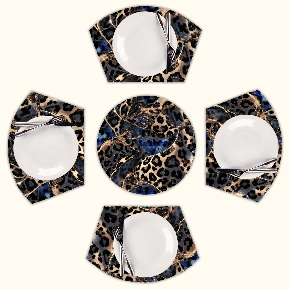 Glittery leopard print fabric Round Table Placemats Set Of 5 Wedge ...