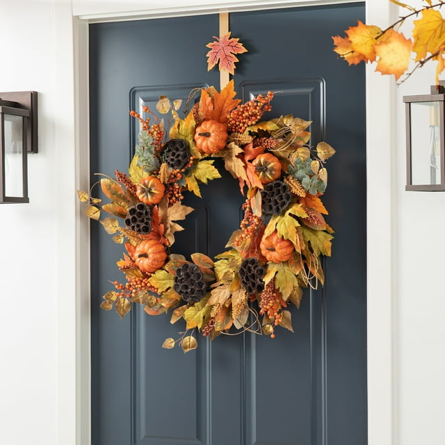 Glitzhome 24 Inch Diameter Fall Pumpkin Leaf Floral Wreath - Walmart.com