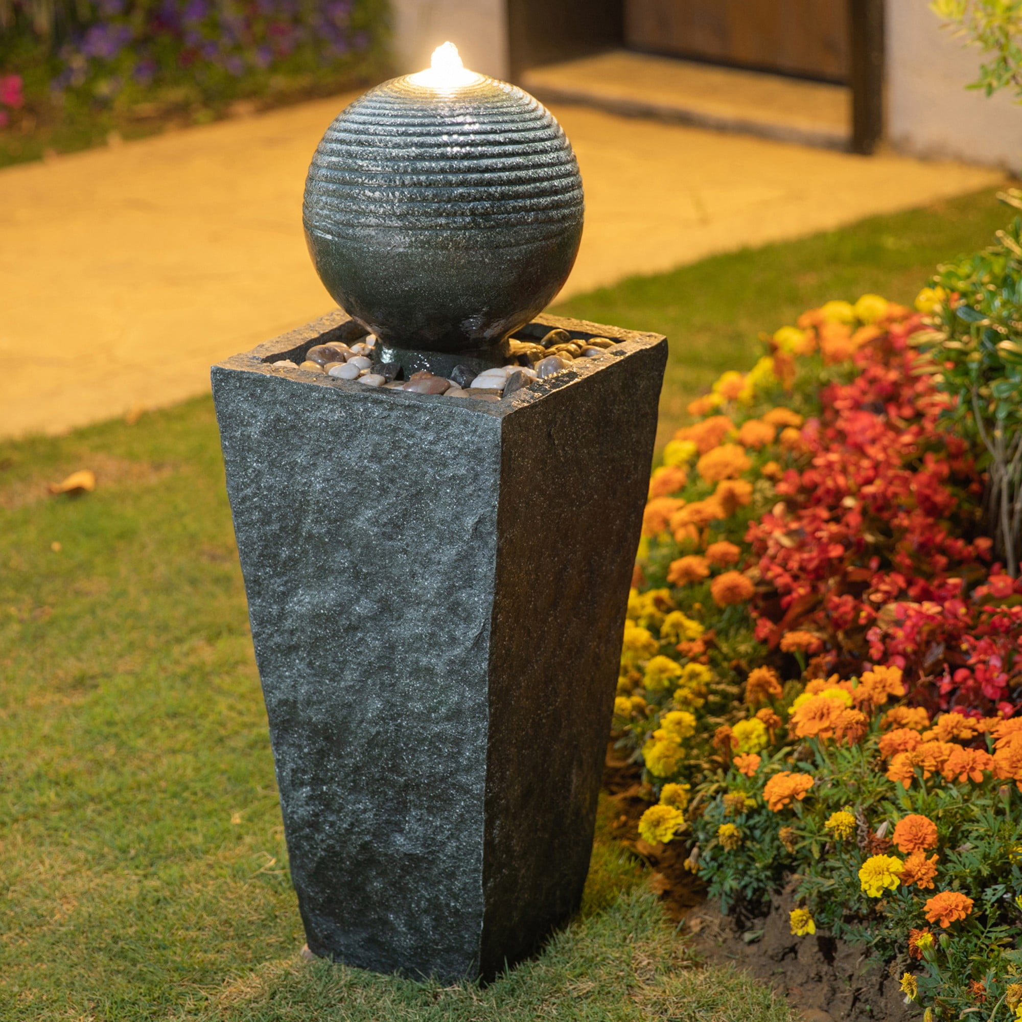 Glitzhome 31.75" Tall Outdoor Fountain with LED Lights Zen Pedestal ...