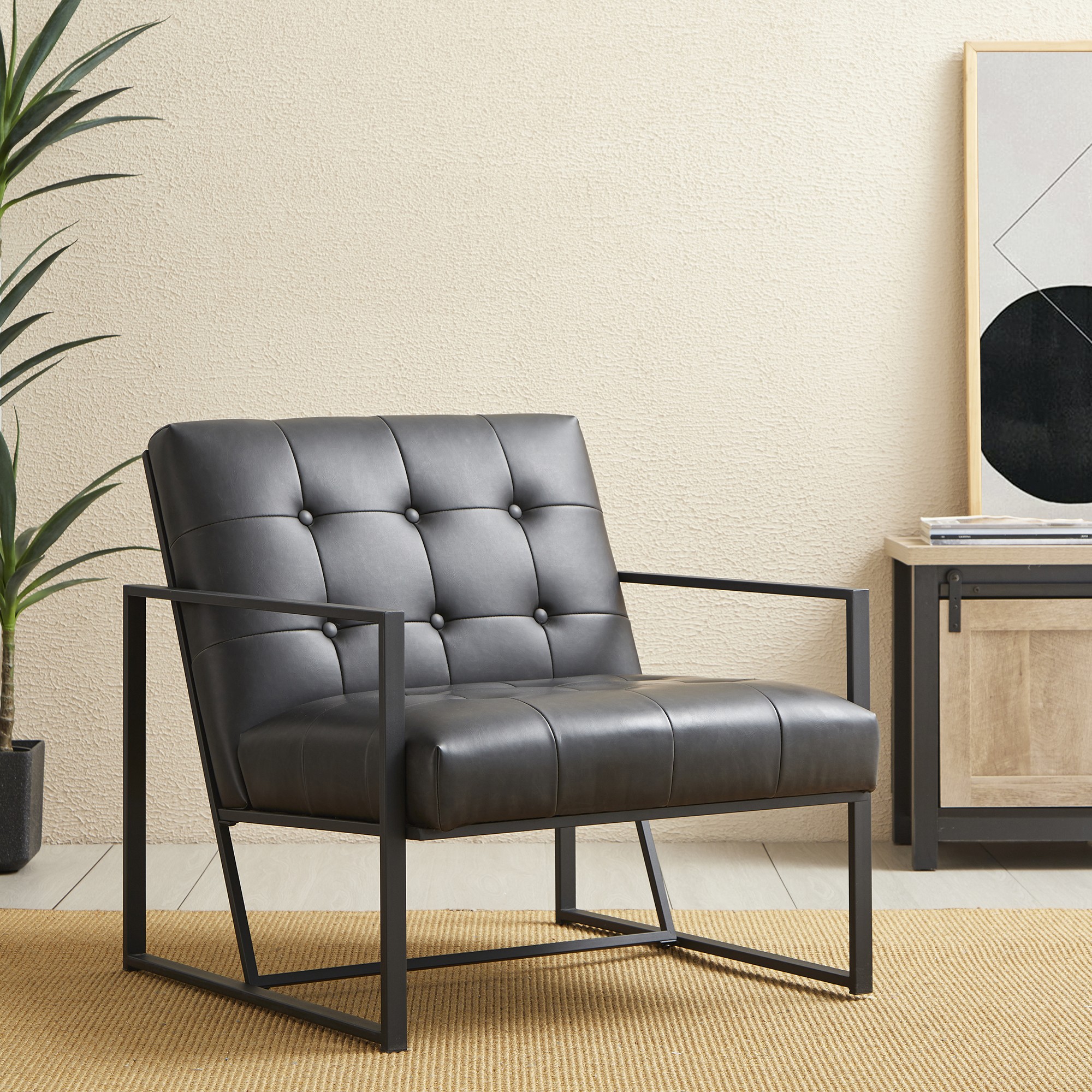 Glitzhome Black Leatherette Button-tufted Accent Arm Chair with Black ...