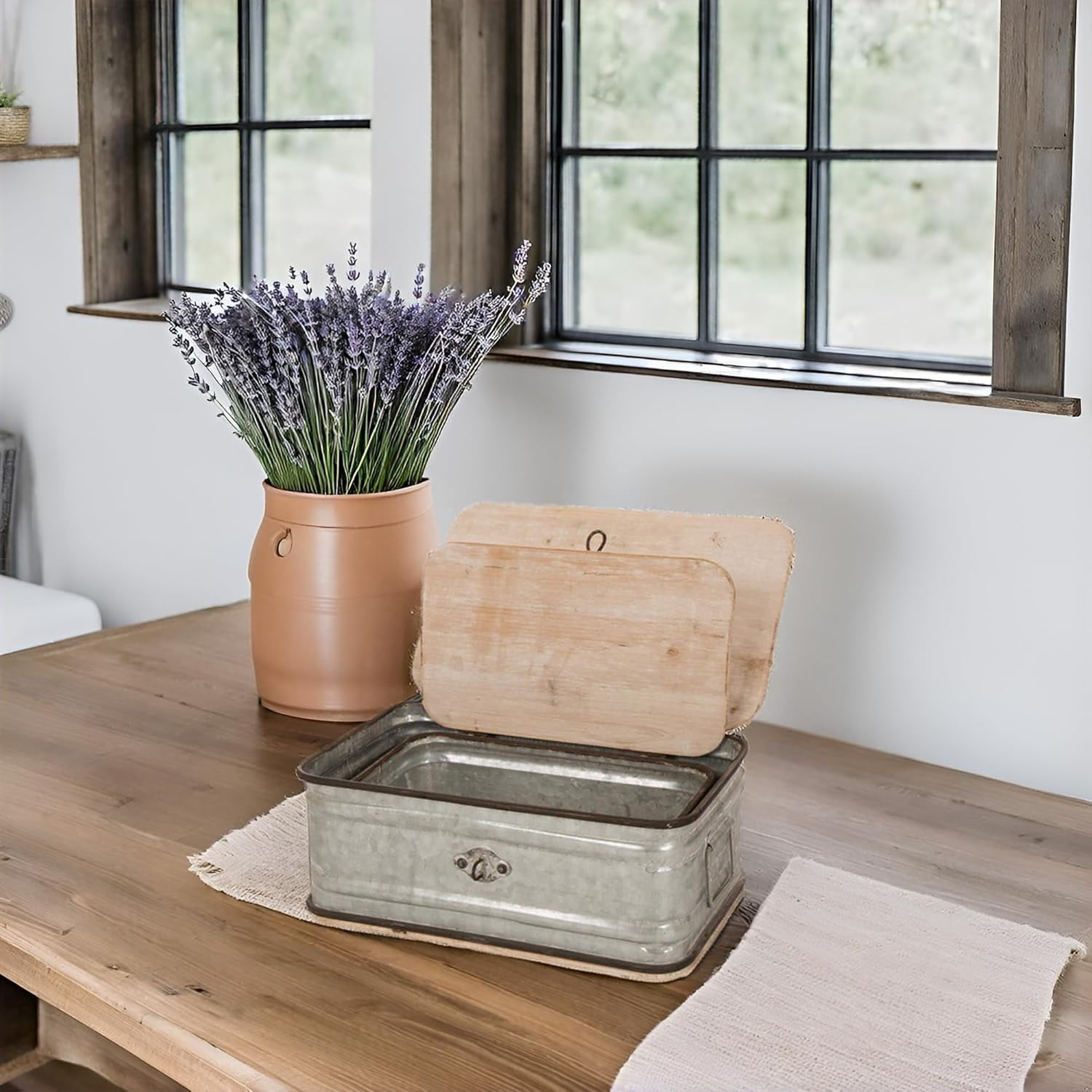 Glitzhome Decorative Galvanized Metal Boxes with Wood Lids, Set of 2 ...