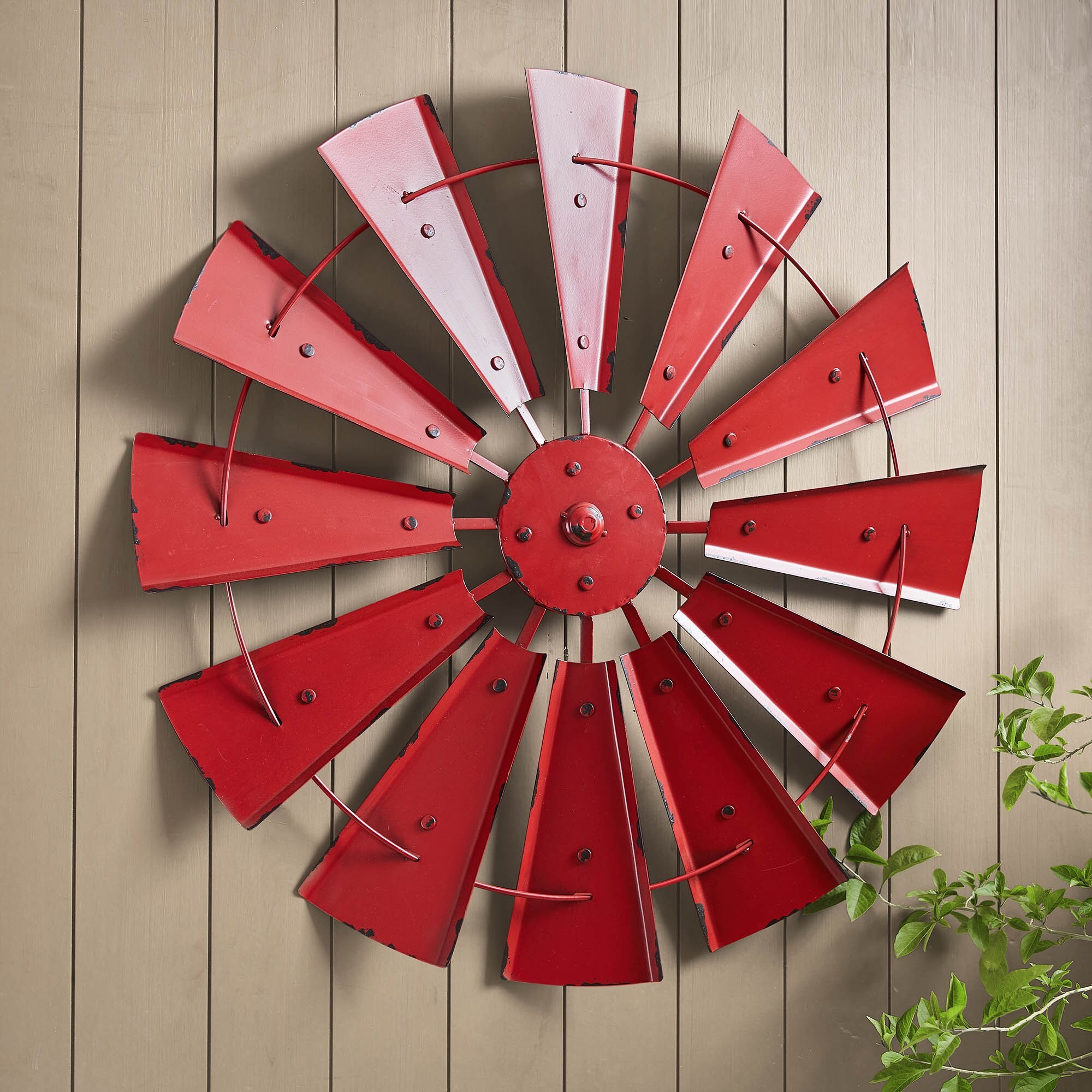 Glitzhome Farmhouse Rustic Wind Spinner Wall Decor Round Red 28.5 x 28. ...