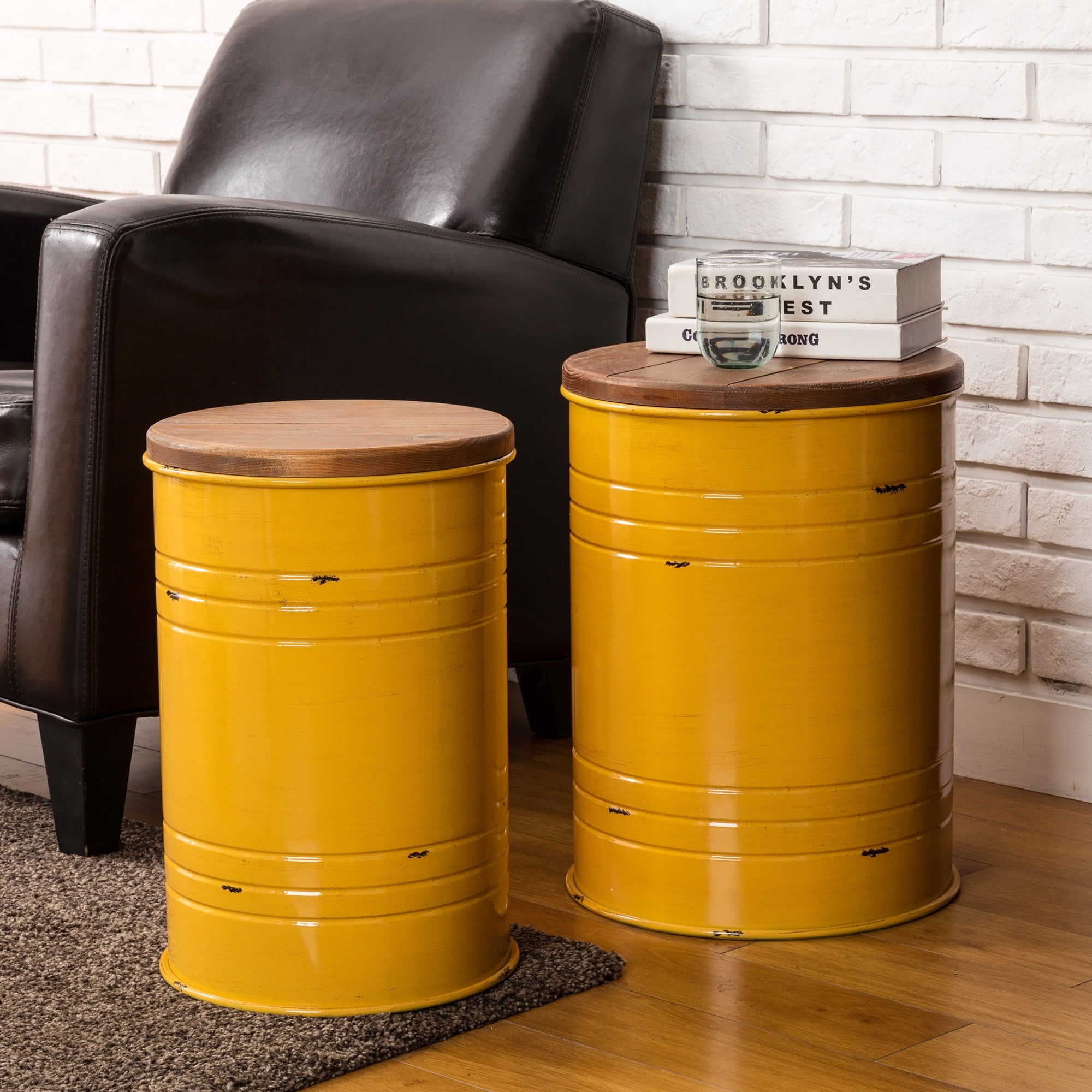 Glitzhome Industrial Farmhouse Round Storage Side Tables (Set of 2 ...