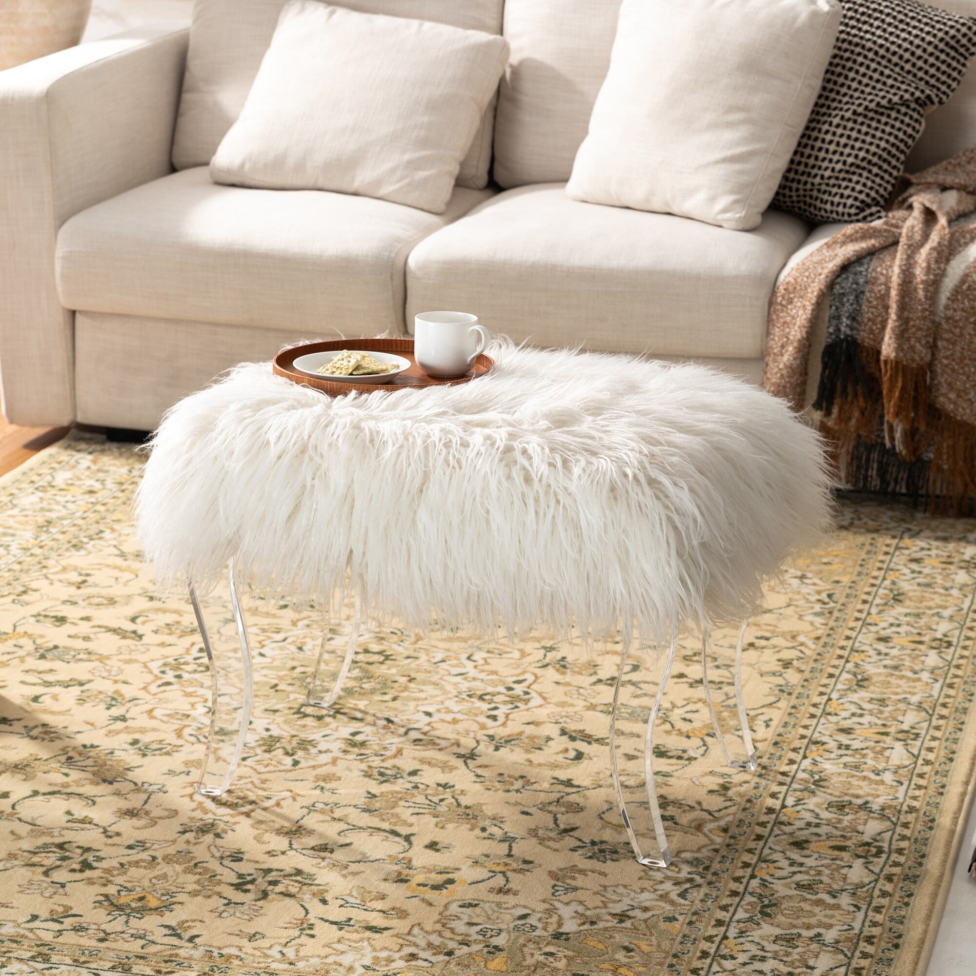 Glitzhome Modern Luxury White Faux Fur Acrylic Ottoman - Walmart.com