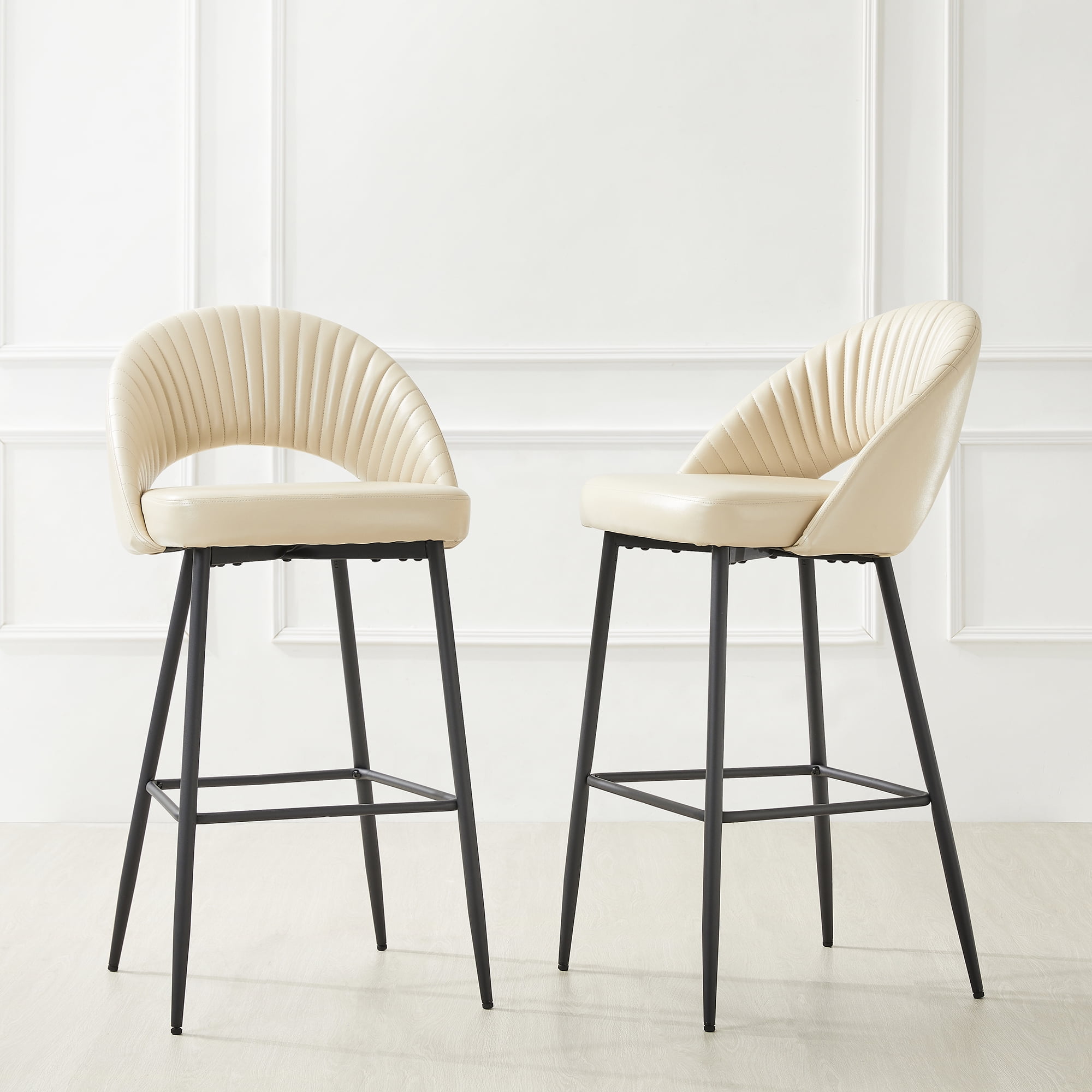 Glitzhome Set of 2 Modern Cream Quilted Leatherette Bar Stool with ...