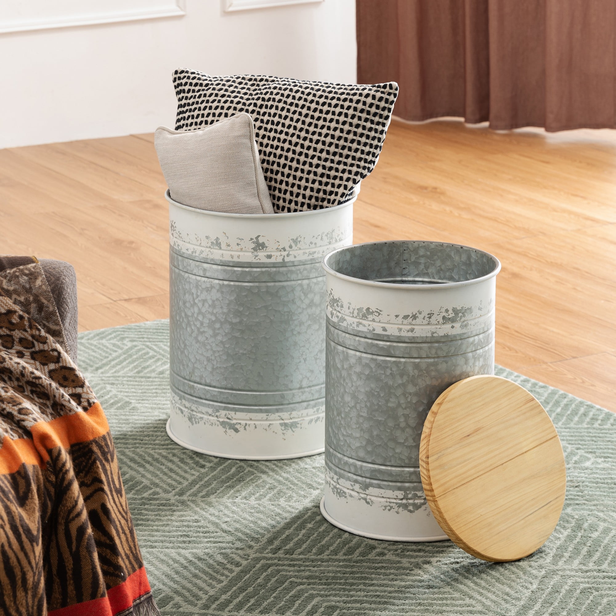 Glitzhome Set of 2 Modern Metal Storage Accent Table or Stool with ...