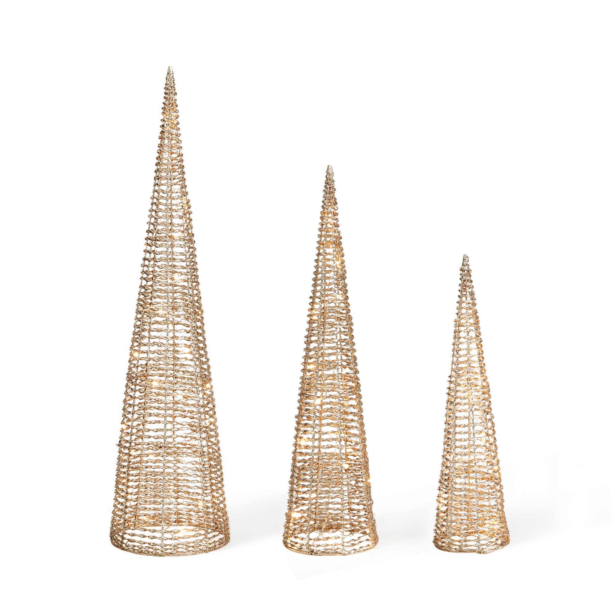 Glitzhome Set of 3 Lighted Christmas Plastic Champagne Gold Cone Tree ...
