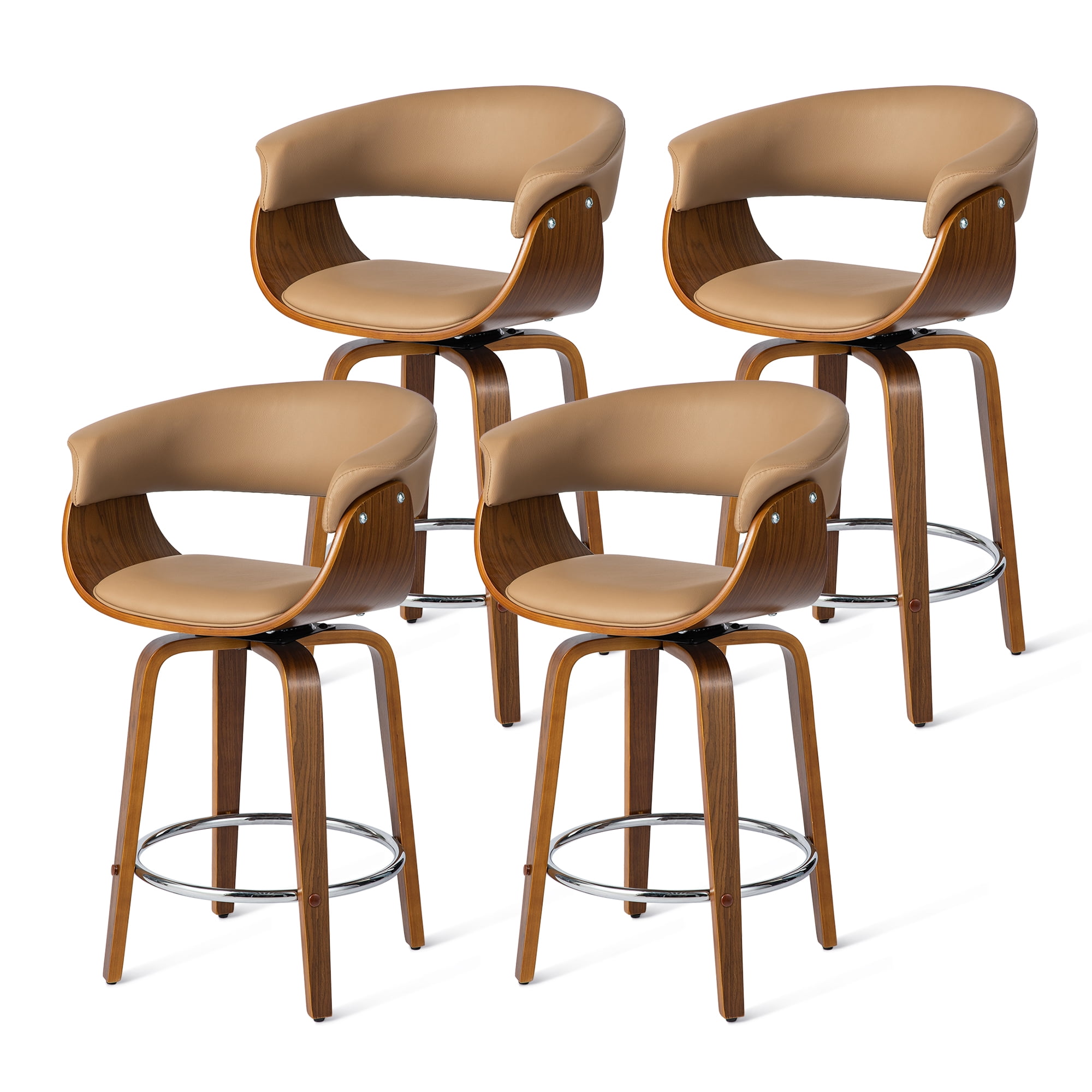 Glitzhome Set of 4 Mid-century Modern Brown Leatherette Swivel Counter ...