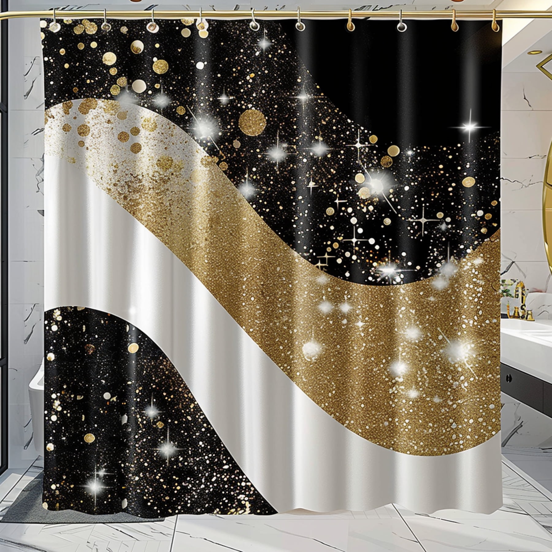 Glitzy Gold Glitter Sparkle Shower Curtain For Modern Bathroom Decor