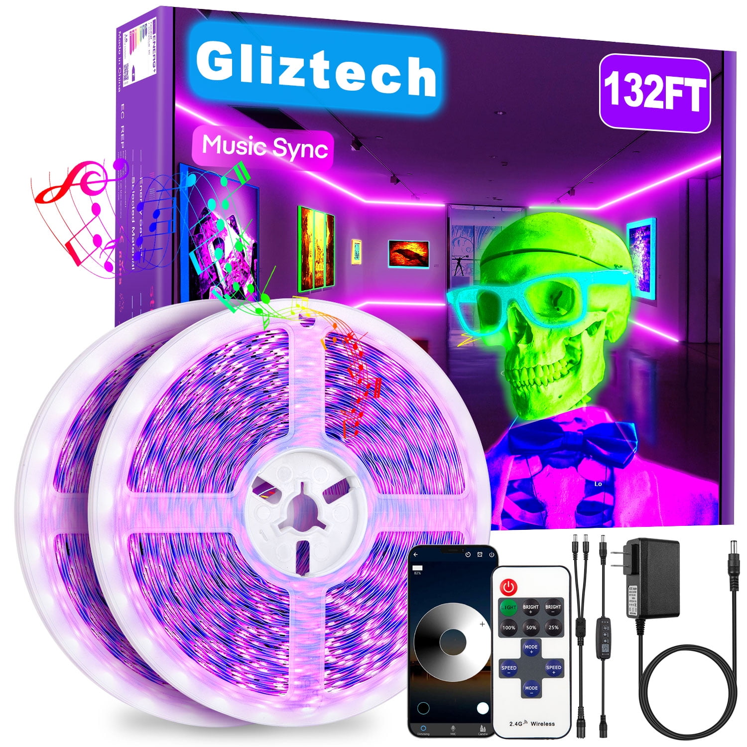 Gliztech 132FT Black Light Led Strip App Control, Black Light for Glow ...