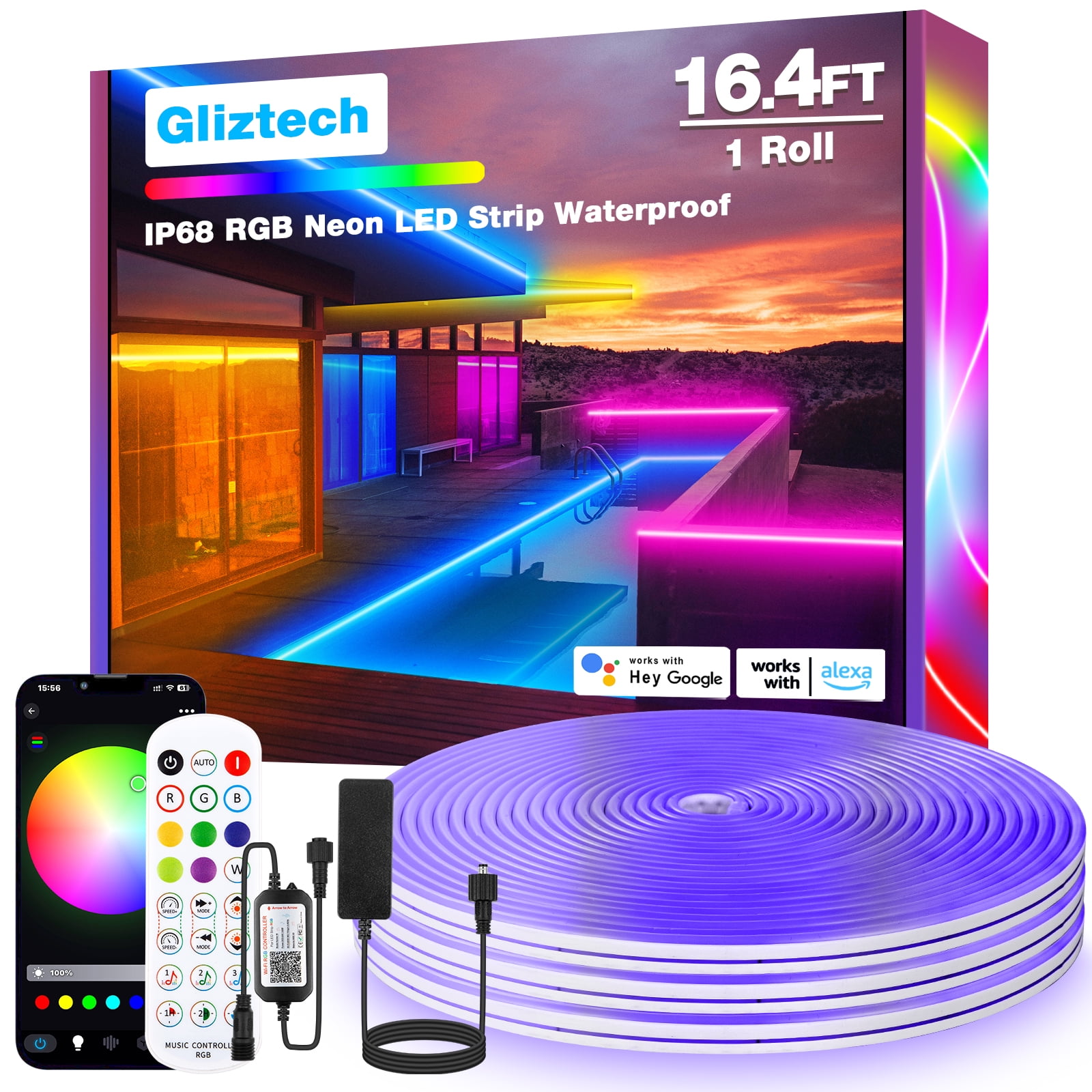 Gliztech 16.4FT Neon LED Strip Outdoor, IP68 Waterproof WiFi Neon Rope ...
