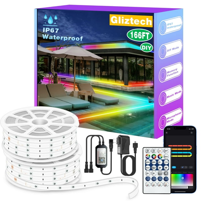 Gliztech 166ft RGB+IC IP67 Outdoor LED Strip Lights Waterproof, DIY ...