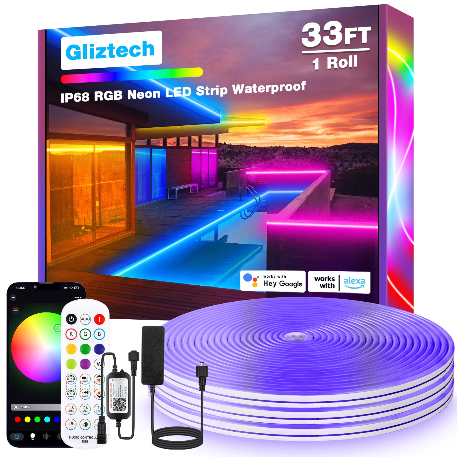 Gliztech 33FT Neon LED Strip Outdoor, IP68 Waterproof WiFi Neon Rope ...