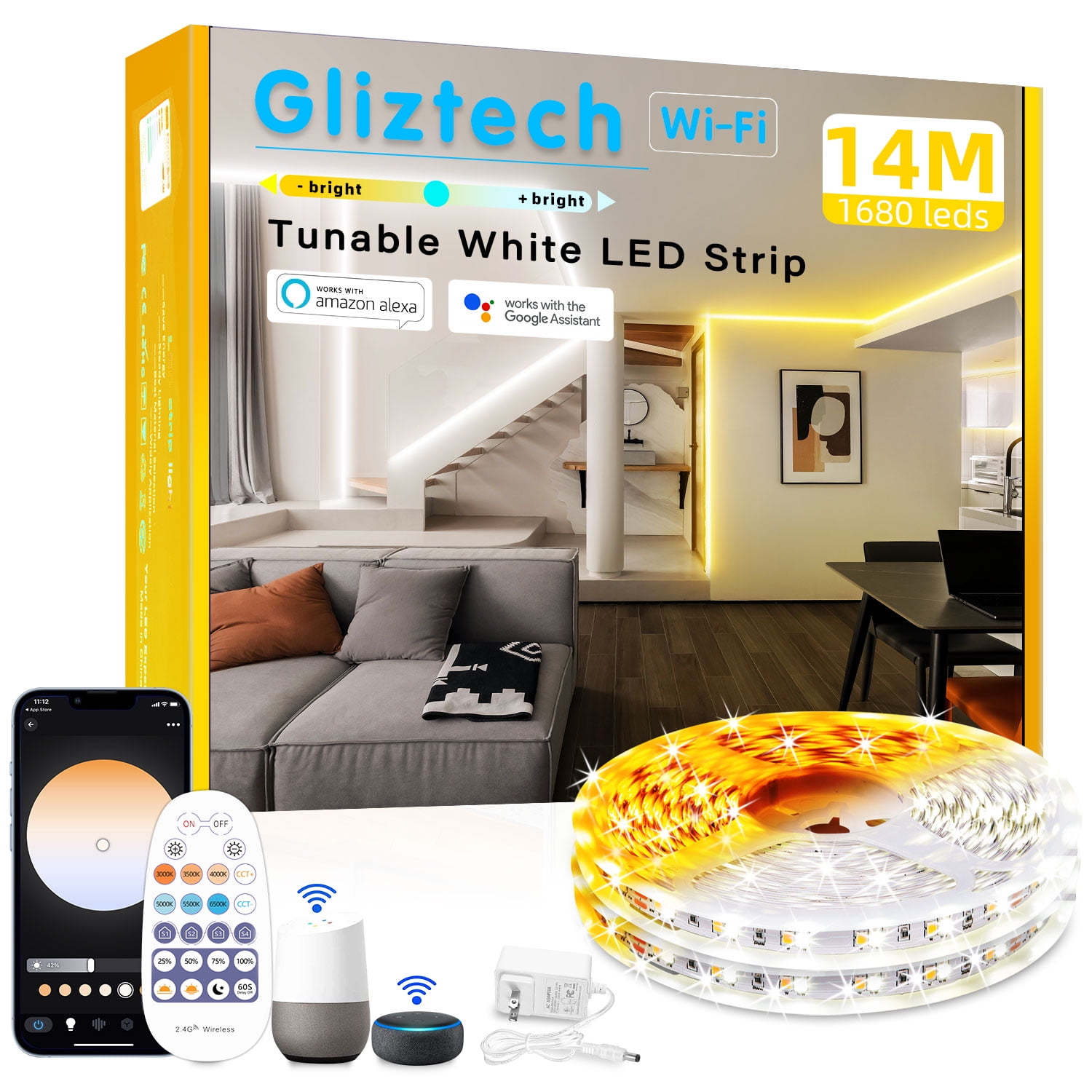 Gliztech 46FT White LED Strip Lights 3000K-6500K, Light Strip Cool and ...