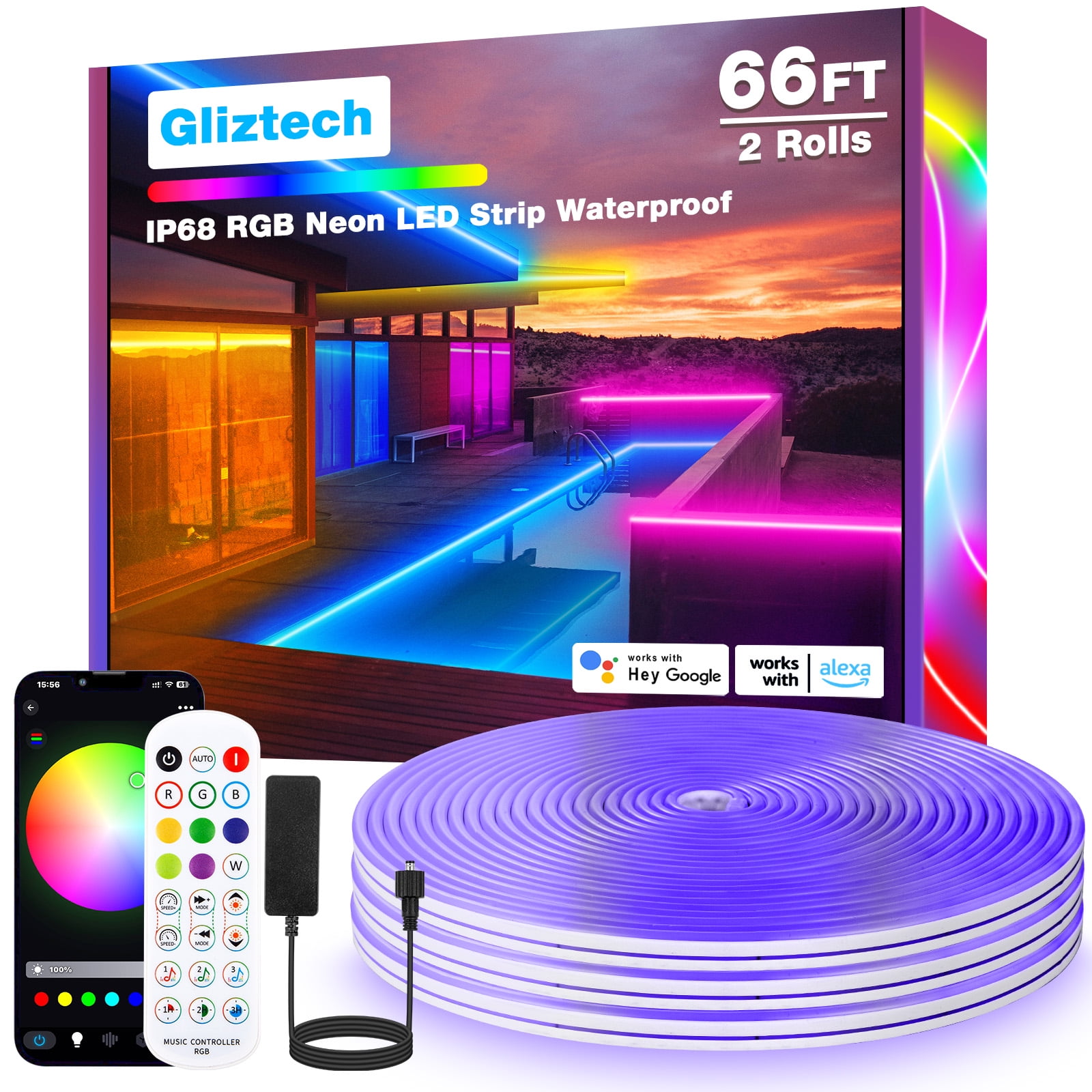 Gliztech 66FT Neon LED Strip Outdoor, IP68 Waterproof WiFi Neon Rope ...