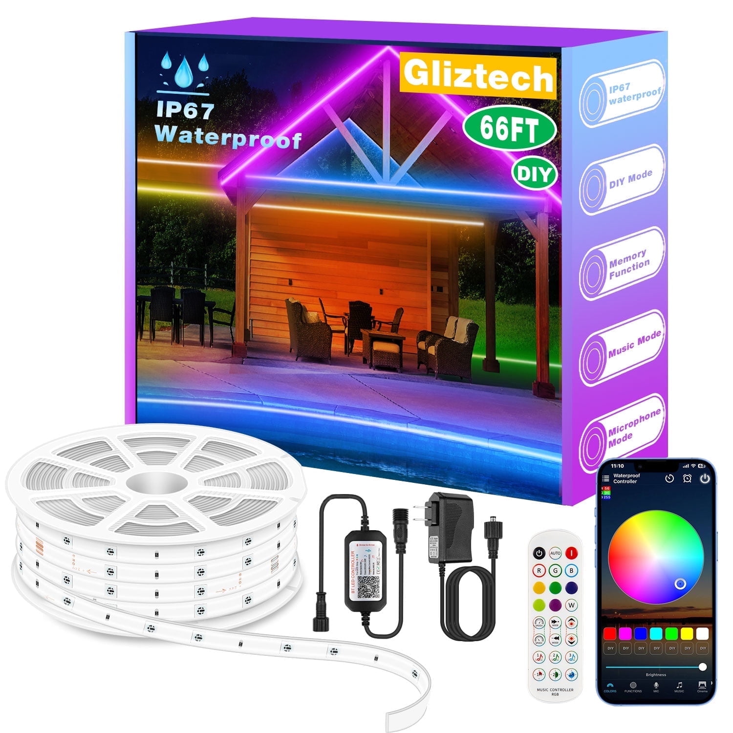 Gliztech Outdoor LED Strip Lights, 66ft RGB, IP67 Waterproof, Music ...