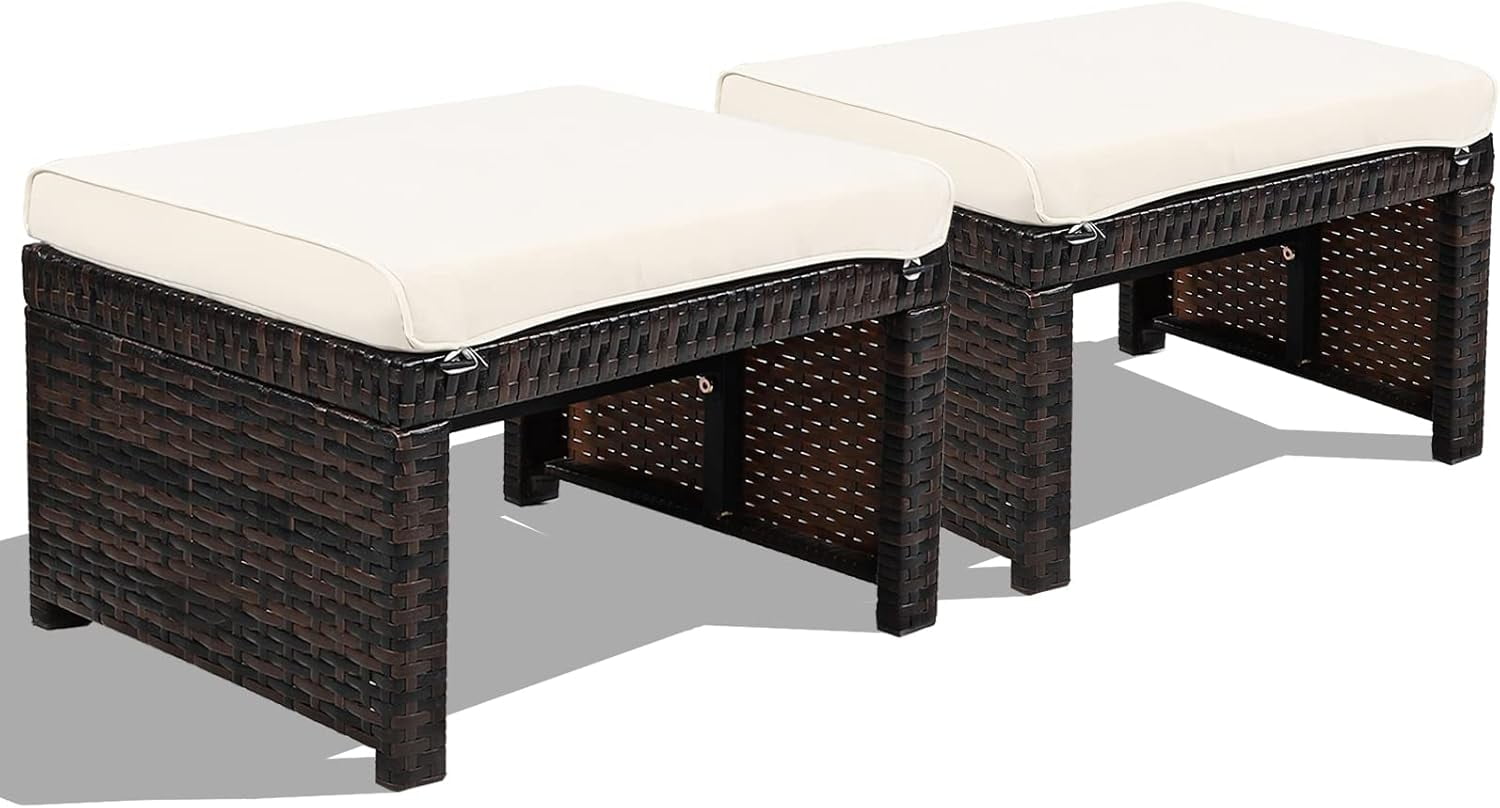 GloCart 2-Piece Outdoor Wicker Ottomans, Patio Rattan Footstools with ...