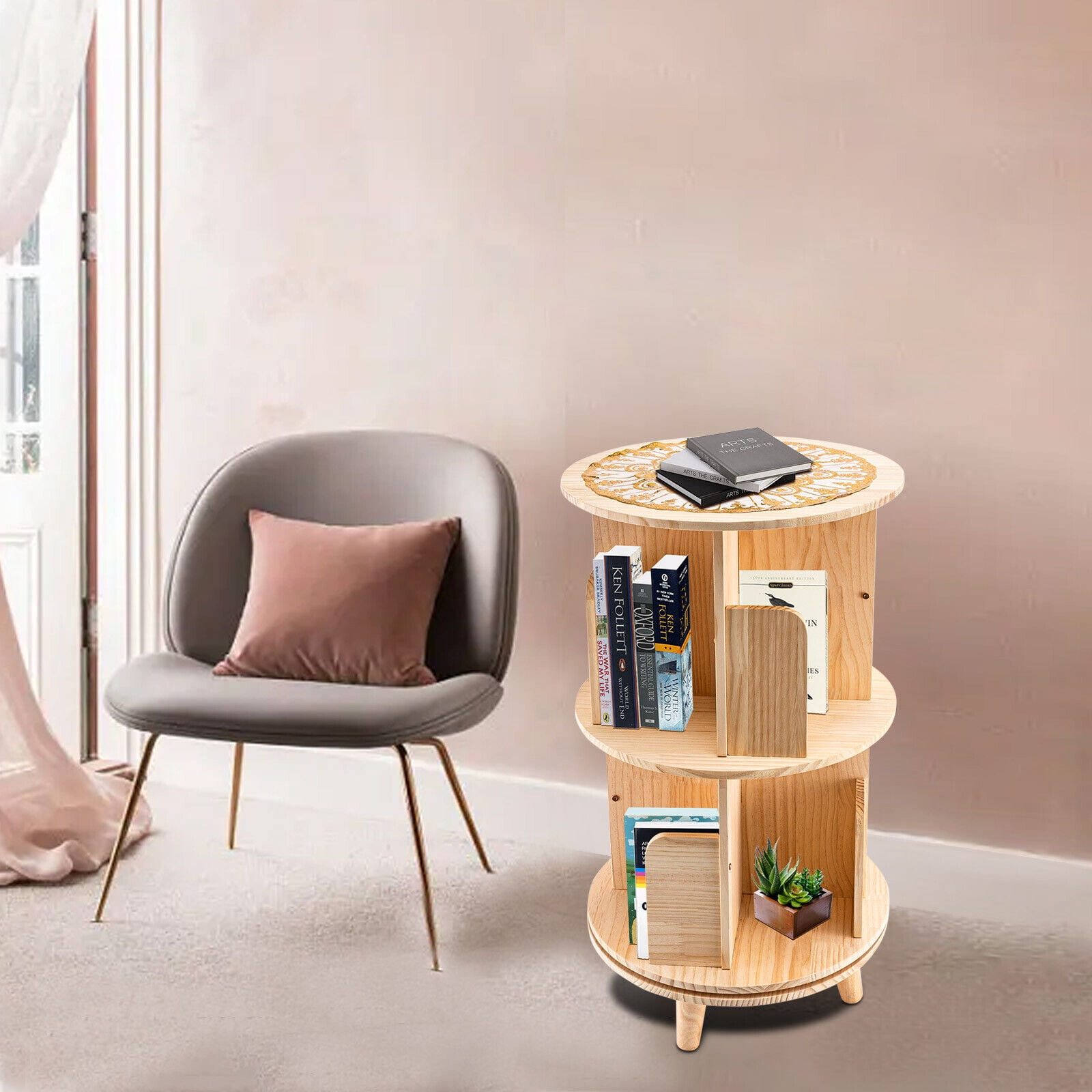 GloCart 360° Rotating 2 - Tier Solid Wood Bookshelf: Freestanding ...