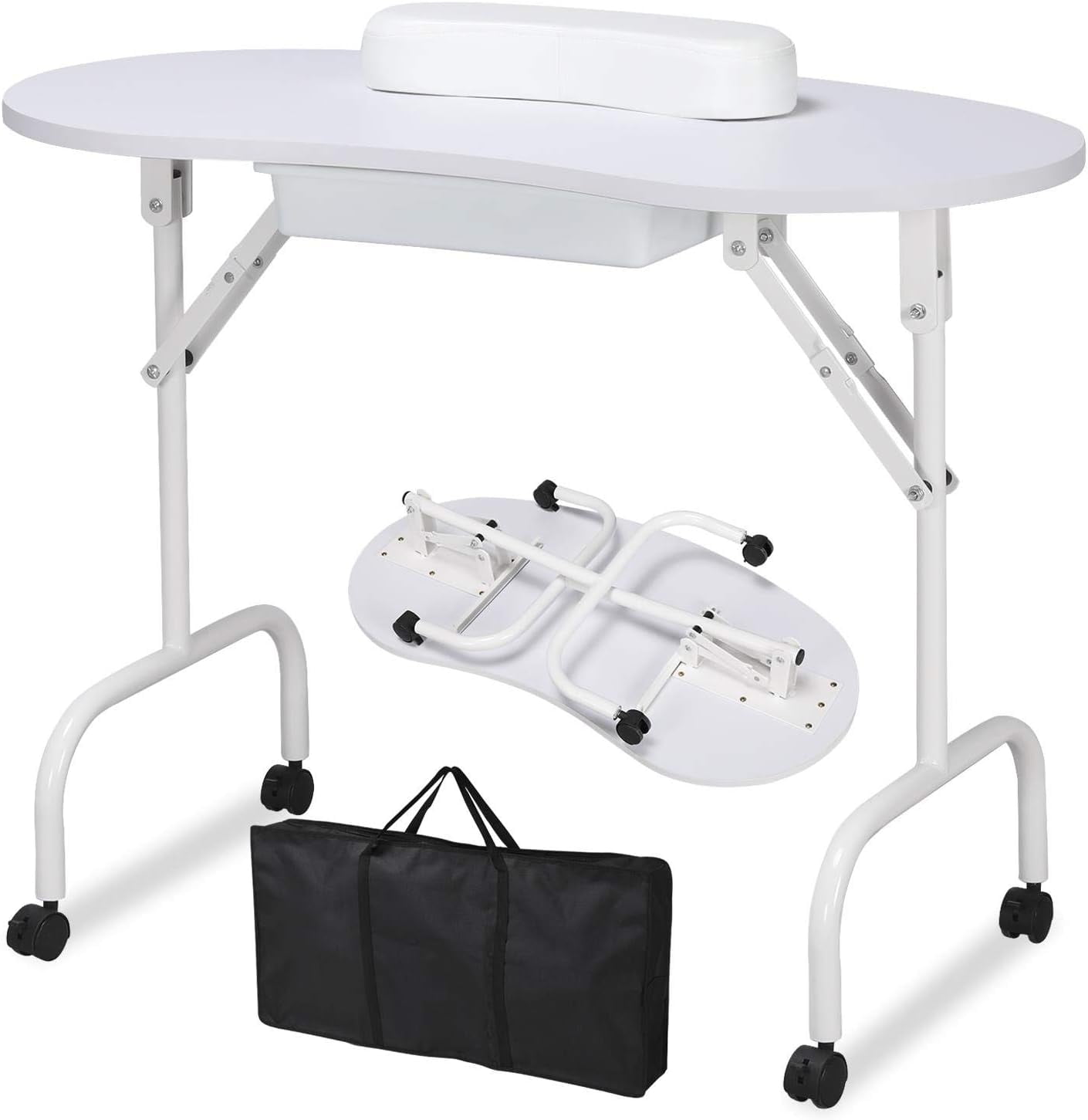 GloCart 37-Inch Portable Foldable Manicure Table with Drawer,Wrist Pad ...