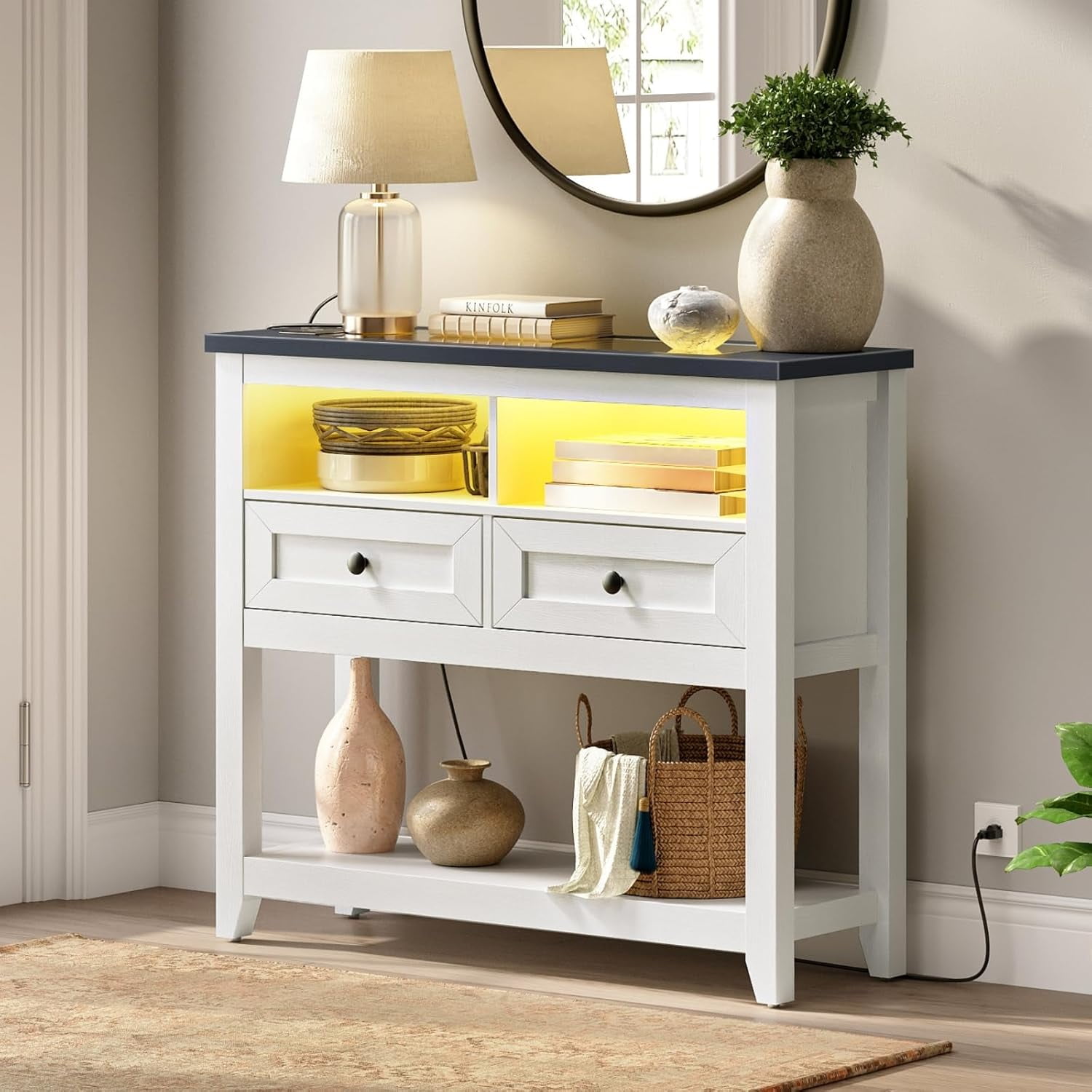GloCart Entryway Table with 2 Drawers, White Console Table with Power ...