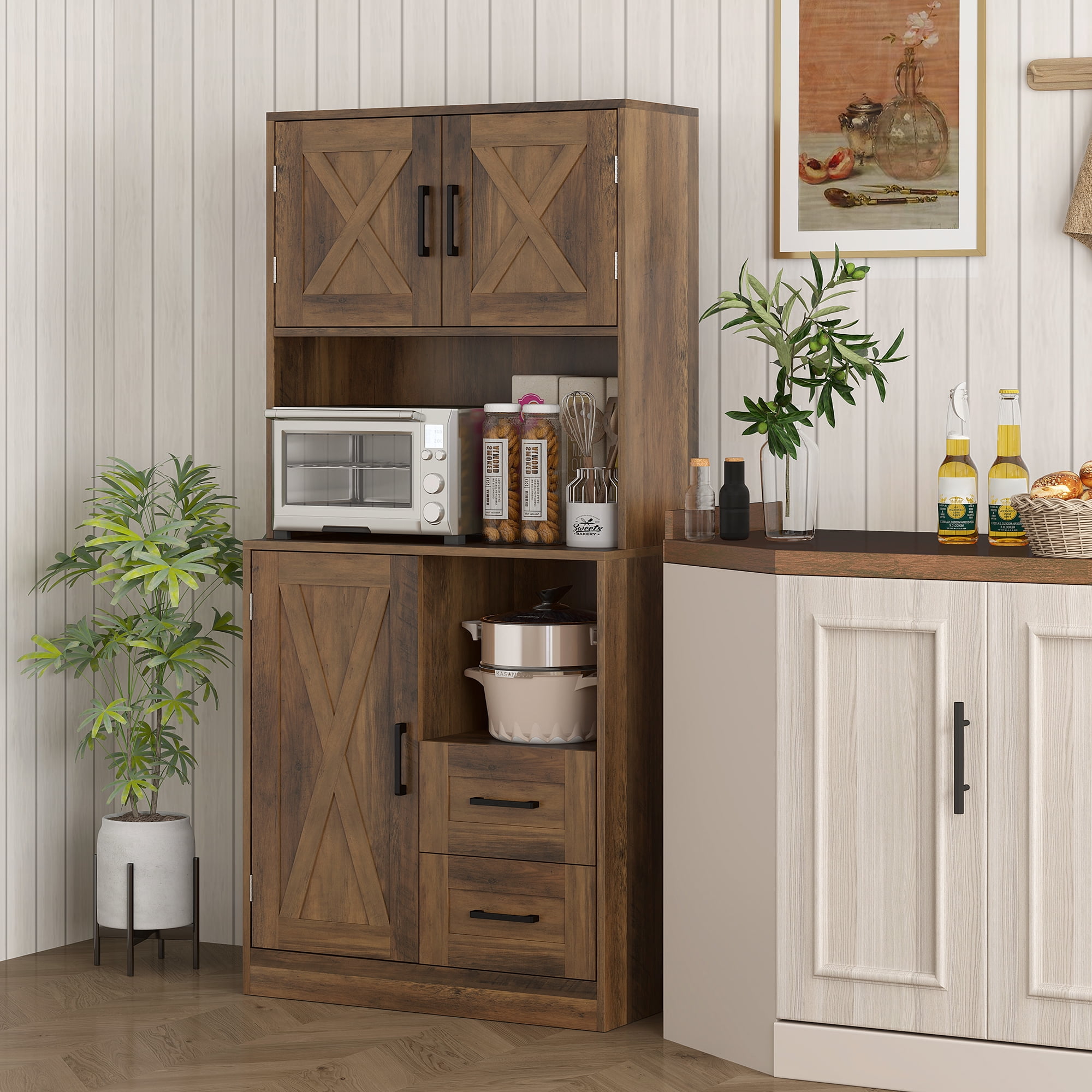 GloCart Farmhouse Kitchen Pantry, 71" Tall Storage Cabinet with ...