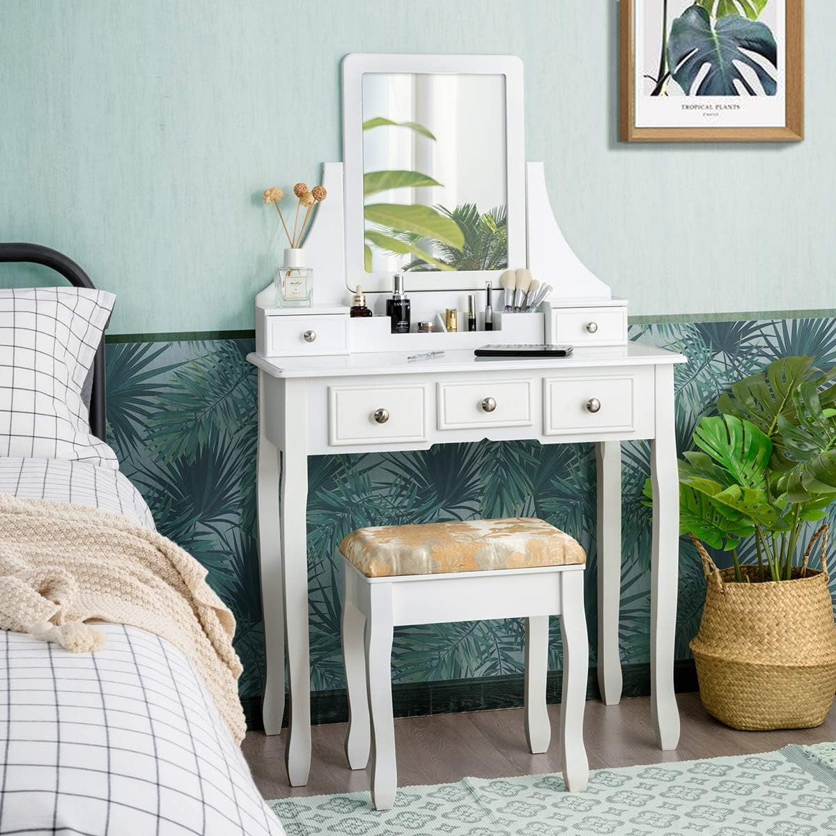 GloCart Makeup Vanity Table with Lighted Mirror, Vanity Desk with 10 ...