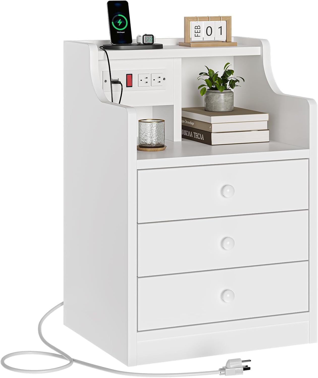GloCart Night Stand Set,White Nightstand with Charging Station & Hutch ...