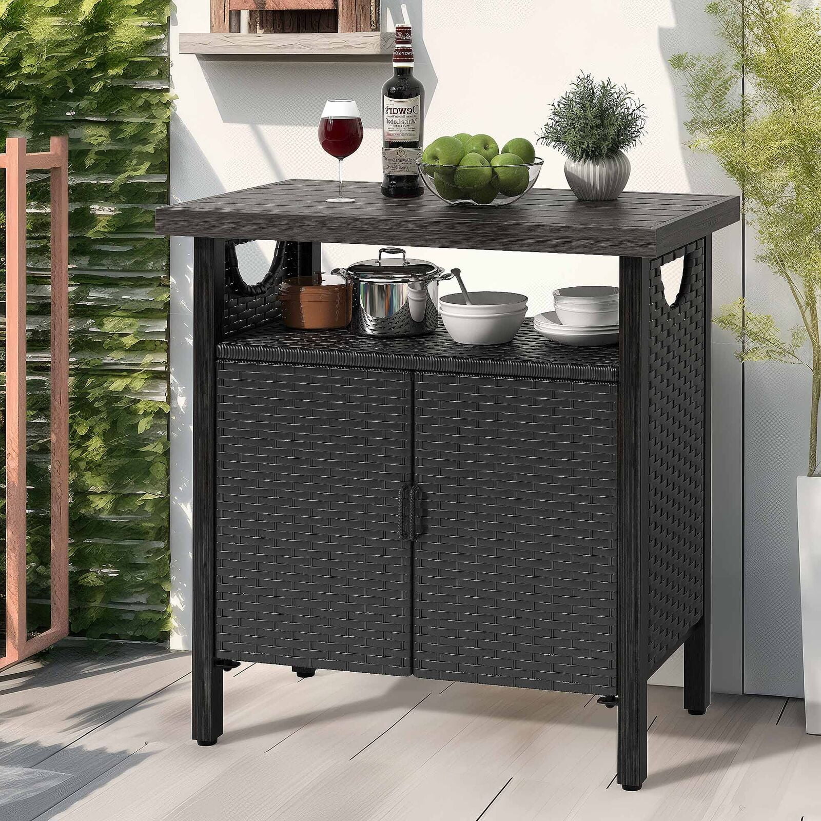 GloCart Outdoor Storage Cabinet, All-Weather Wicker Rattan Patio Bar ...