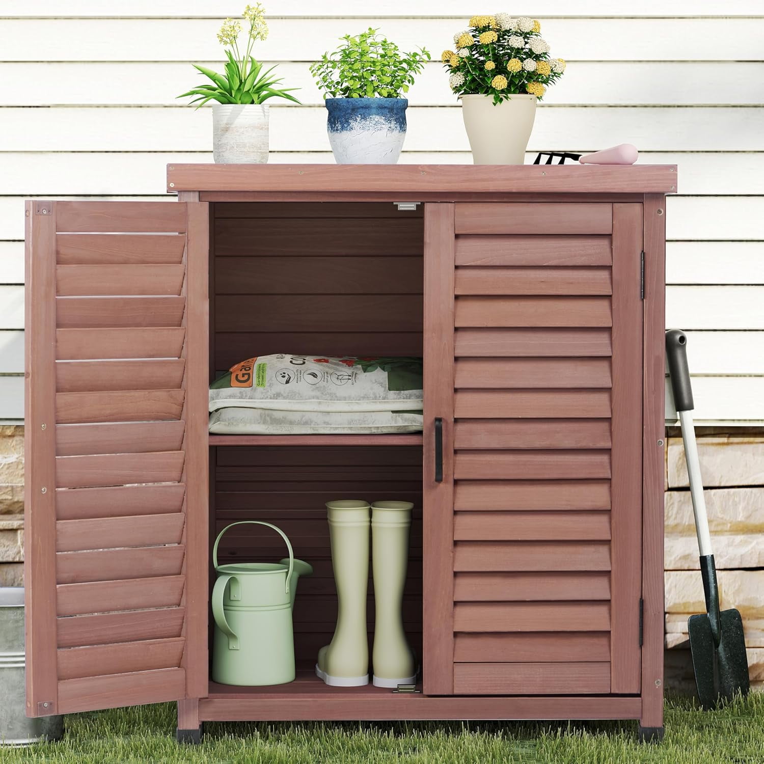 GloCart Outdoor Storage Cabinet and Potting Bench Table with Metal Top ...