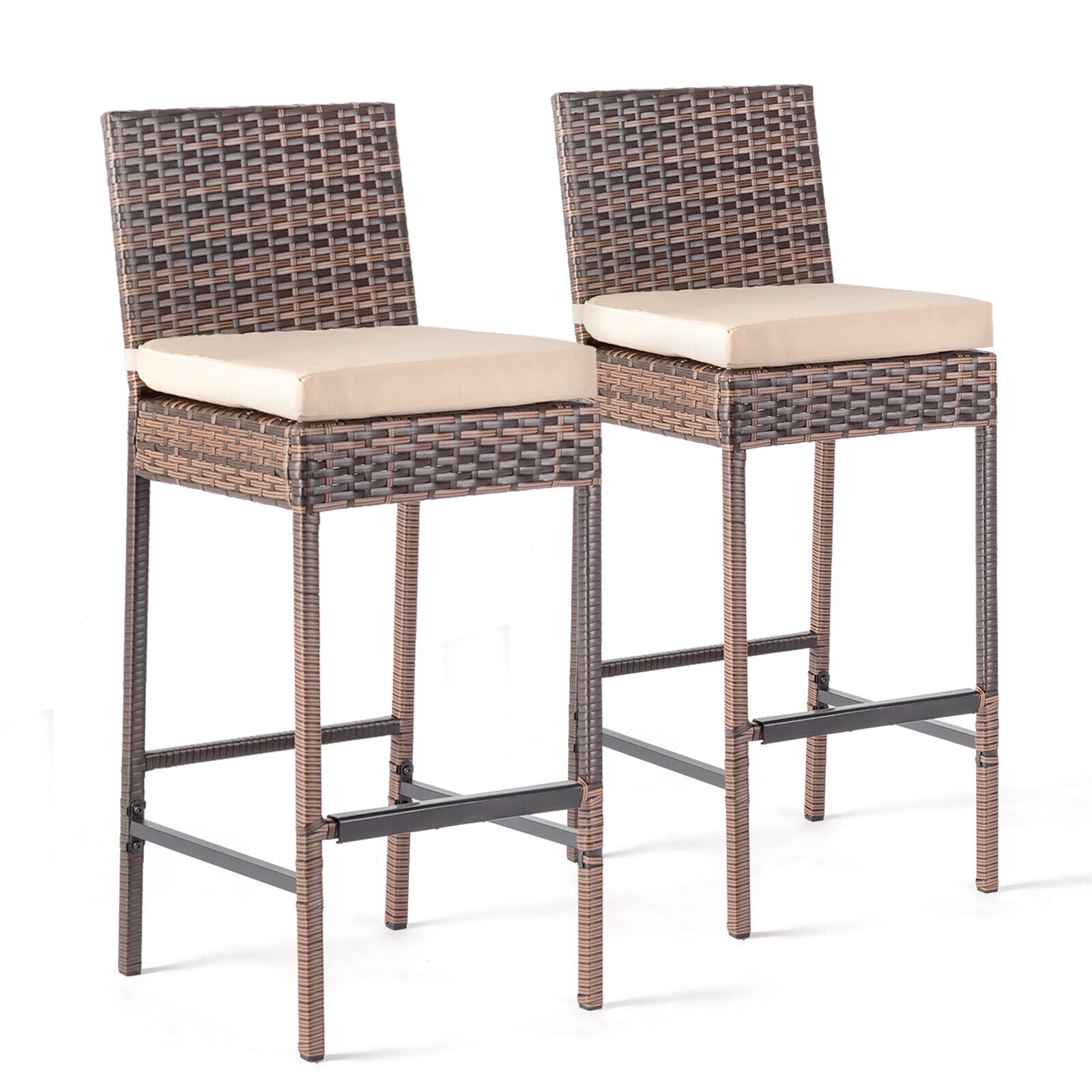 GloCart Outdoor Wicker Bar Stool Set of 2, Patio Bar Stools w/Cushion ...
