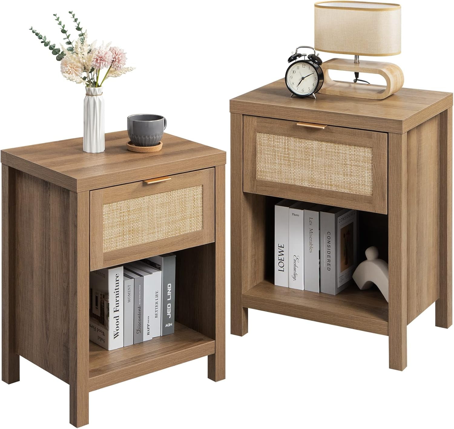 GloCart Rattan Nightstand - Farmhouse Night Stand with Drawer and ...