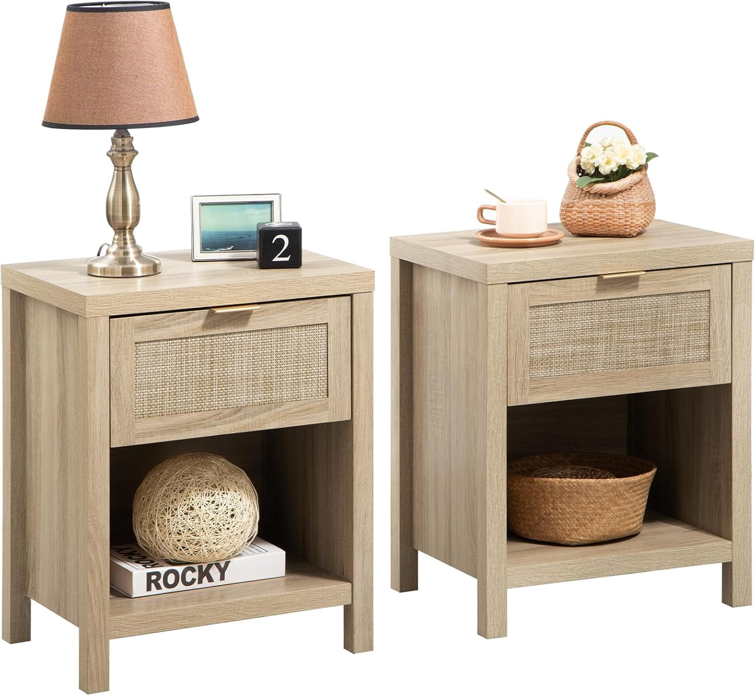 GloCart Rattan Nightstand - Farmhouse Night Stand with Drawer and ...