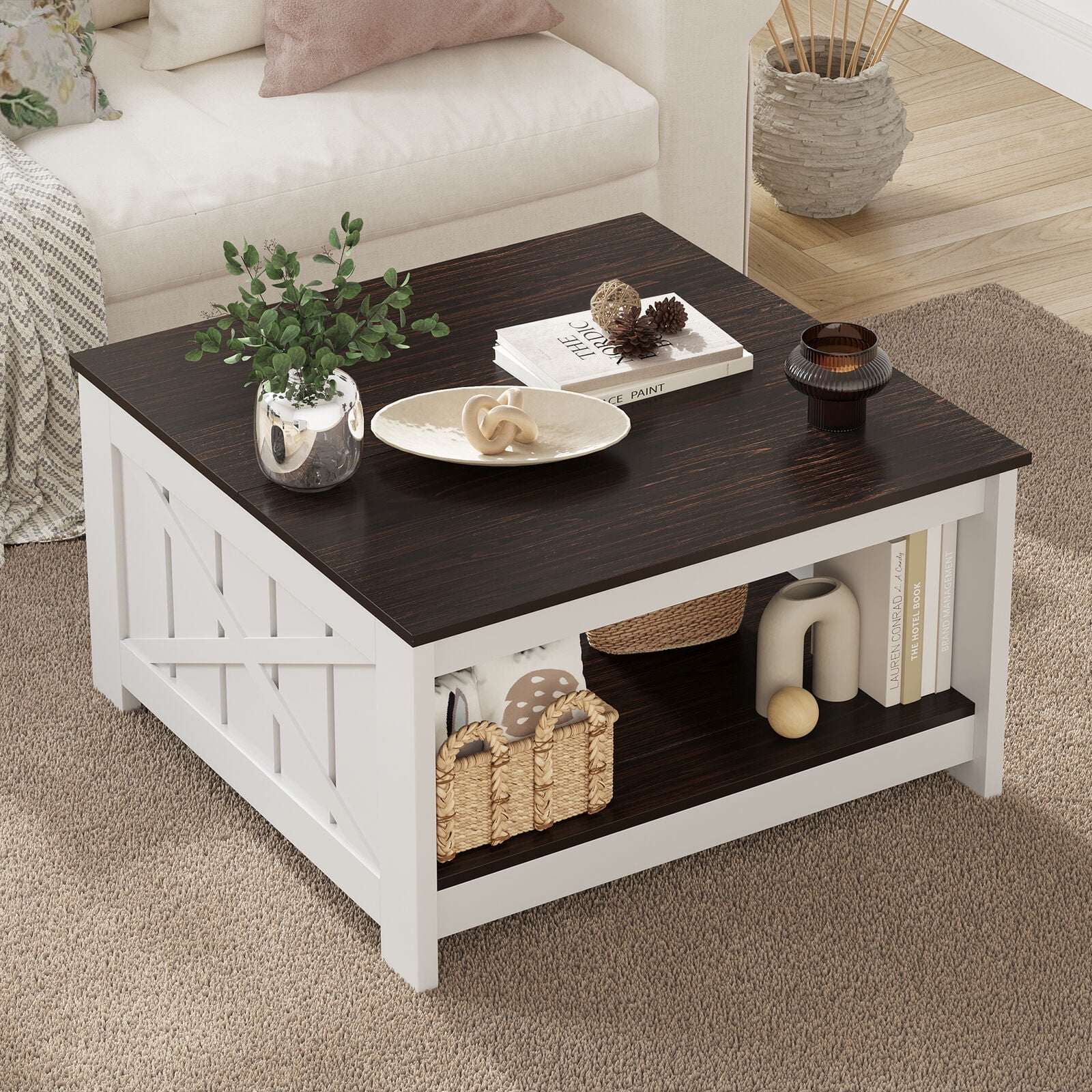 Gloaa Coffee Table Farmhouse Coffee Table with Storage Rustic Wood ...