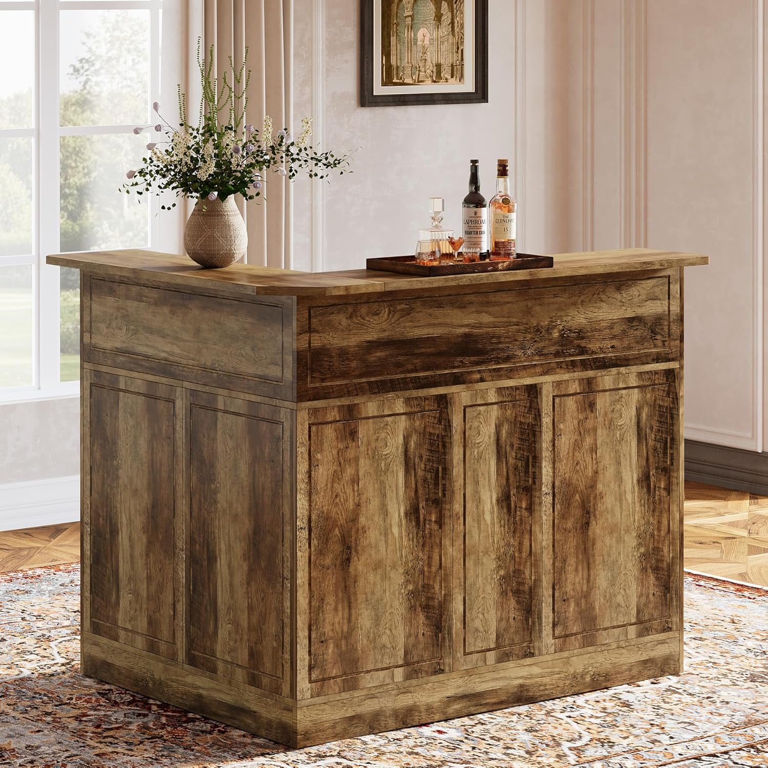 Gloaa L-Shaped Bar Cabinet, 4-Tier Corner Bar Unit with Stemware Racks ...