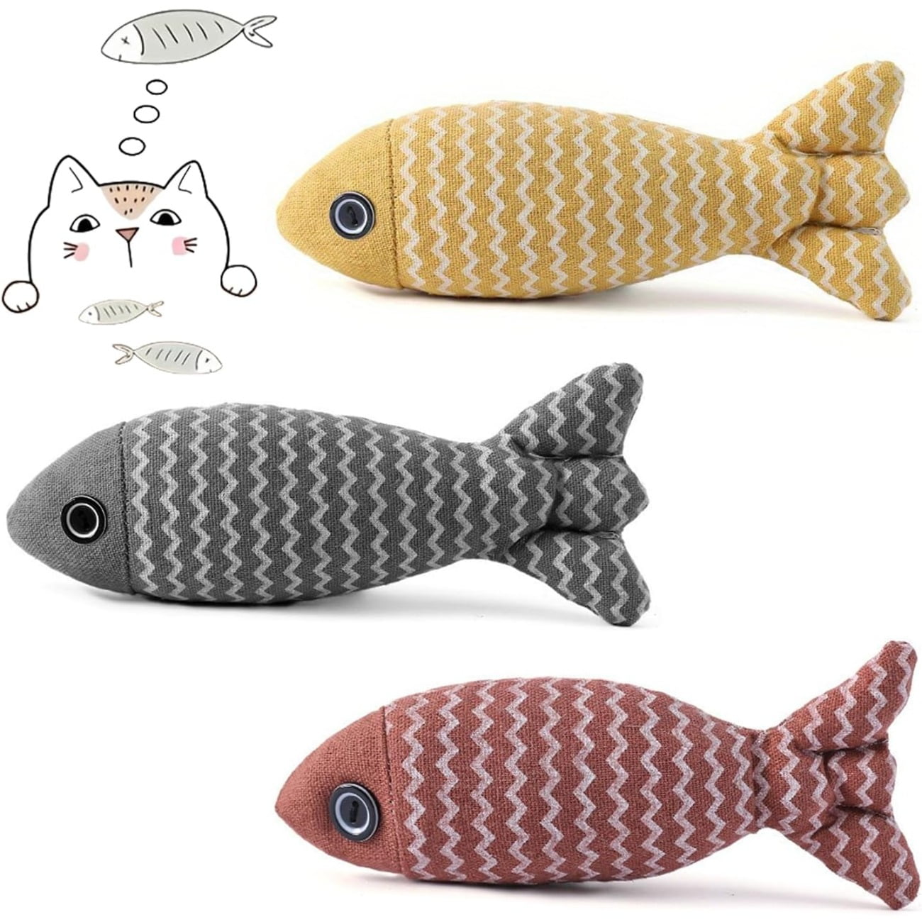 GlobaShun Cat Toys Fish, 3 Pcs Cat Catnip Toys, Soft Linen, Interactive Kitten Exercise Toys ...