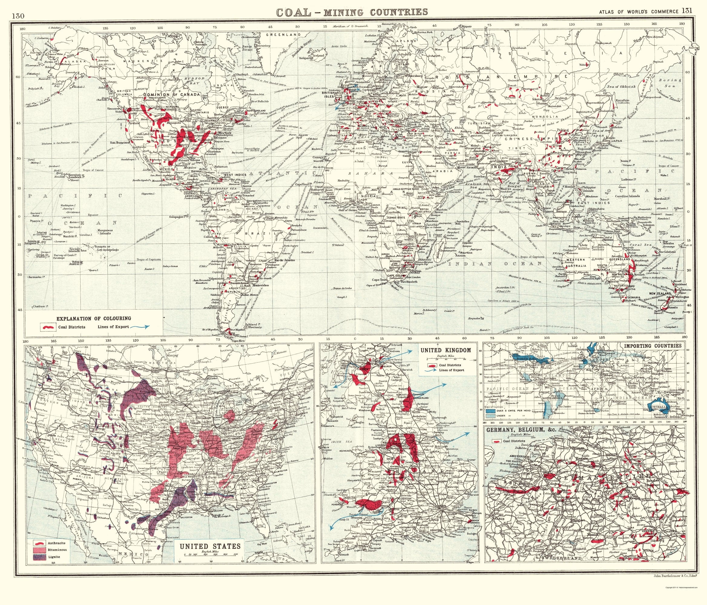 Historic Mine Map - Global Coal Mining Countries - Bartholomew 1907 ...