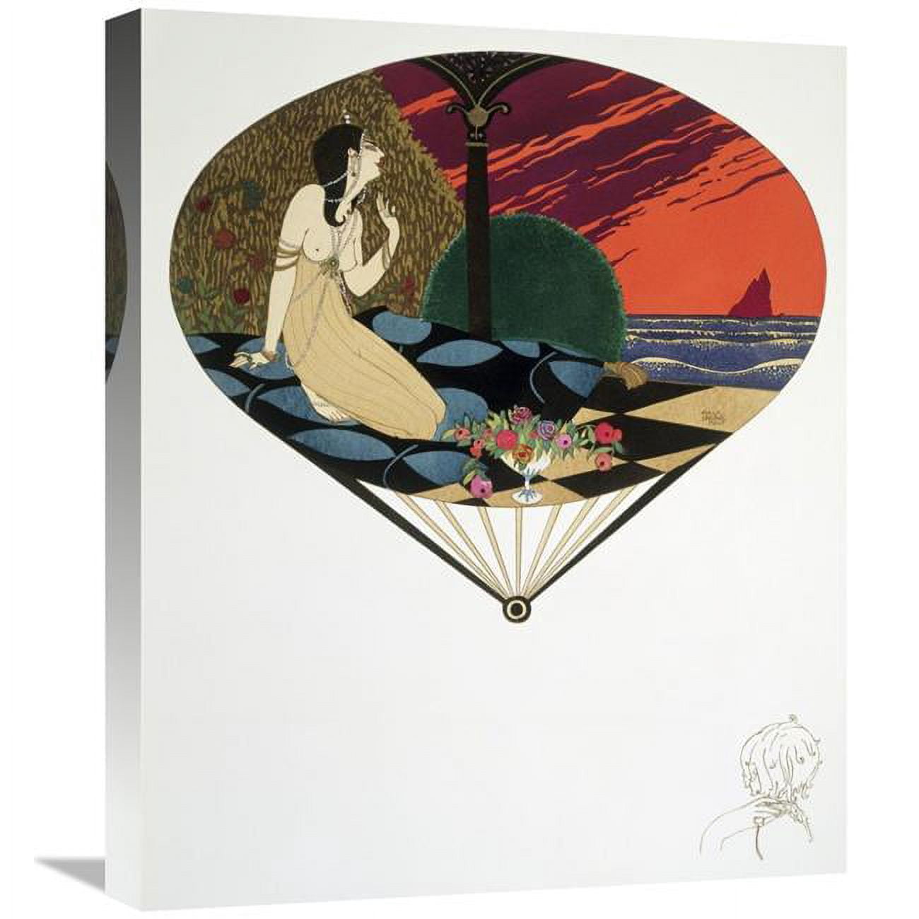 Global Gallery 22 in. Fan - Woman Seated on Pillow Looking at Sea Art ...