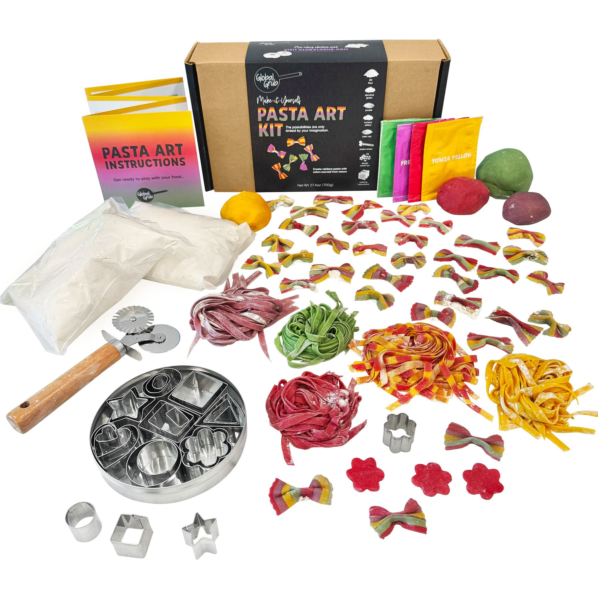 Global Grub DIY Pasta Art Kit w/Flour, Natural Colorings, Pasta Cutter, Dough Cutter Set ...