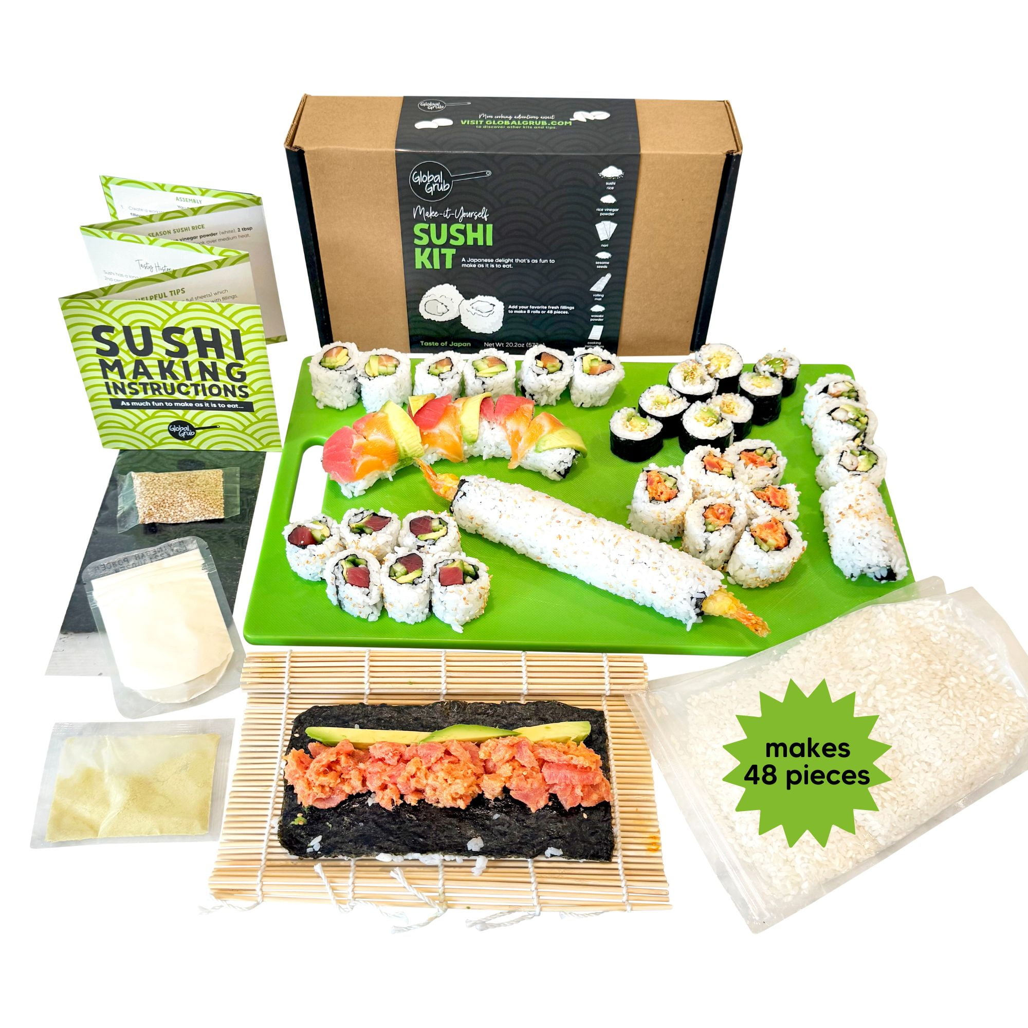 Global Grub DIY Sushi Making Kit w/Sushi Rice, Nori, Wasabi, Rolling Mat | Makes 48 Pieces ...
