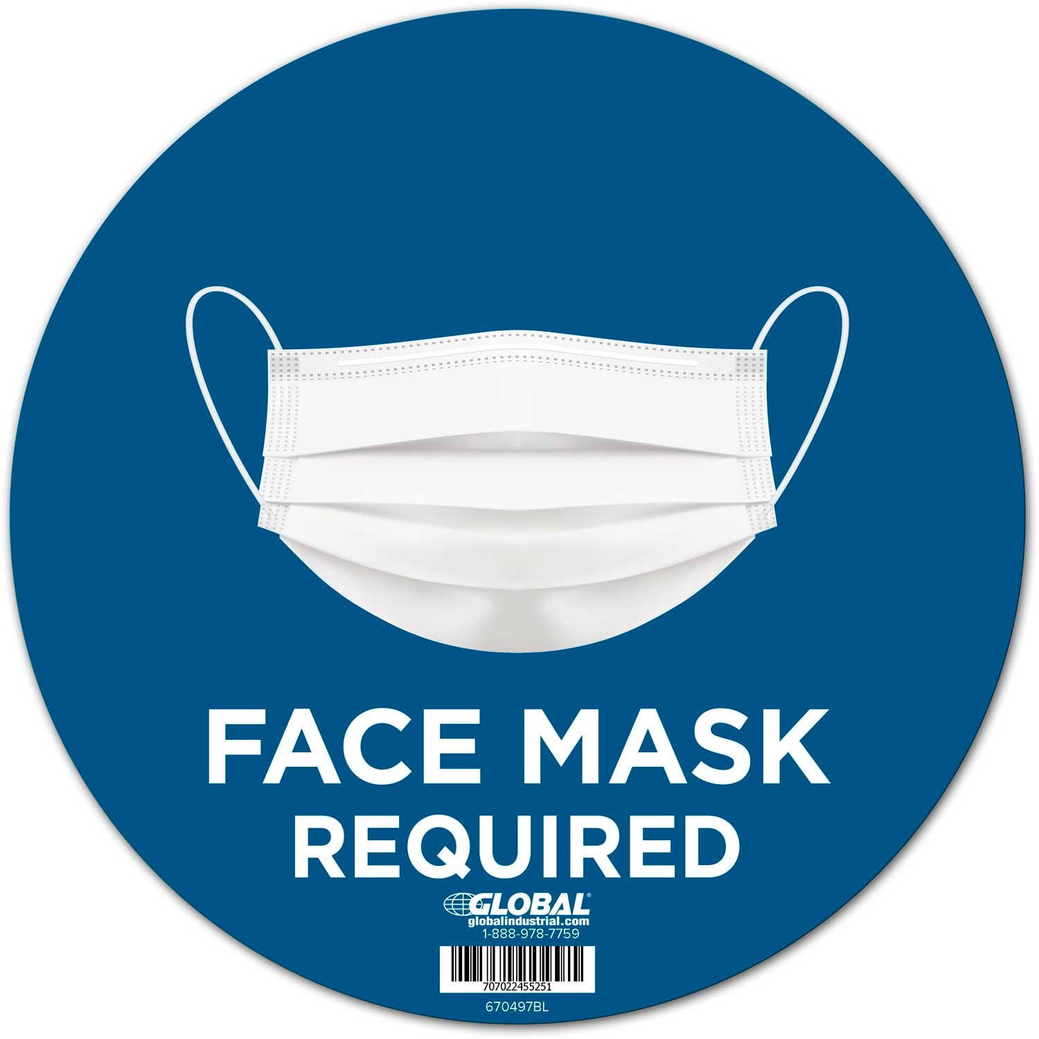 Global Industrial 12"" Round Face Mask Required Wall Sign Blue Adhesive ...