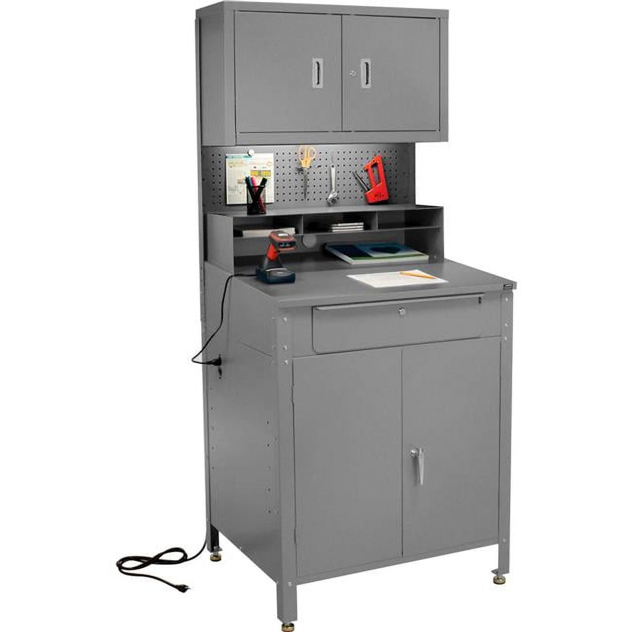 Global Industrial Cabinet Shop Desk with Riser, Pegboard & Upper ...