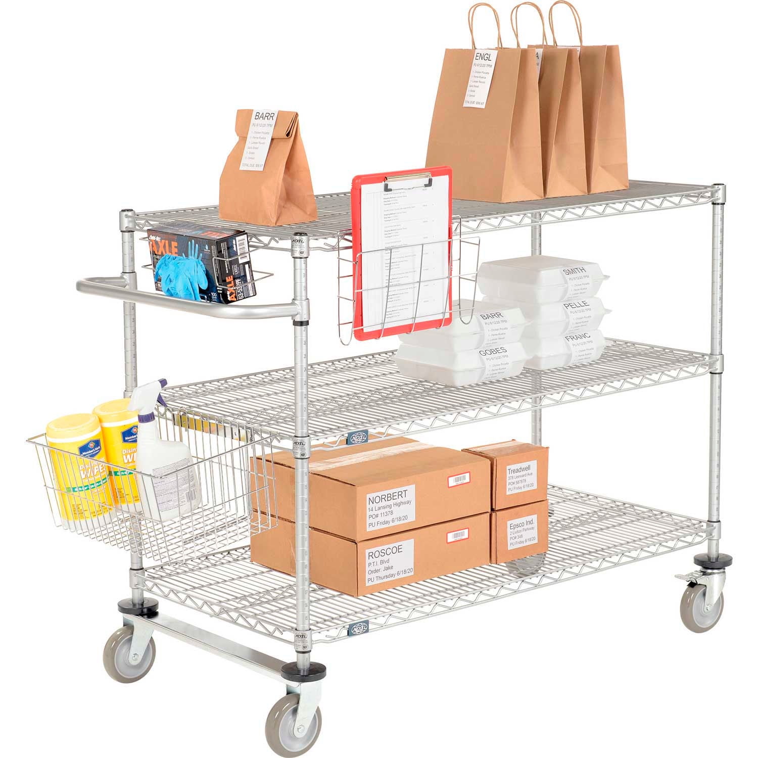 Nexelate Curbside Cart w/3 Wire Shelves & Polyurethane Casters, 42"L x ...