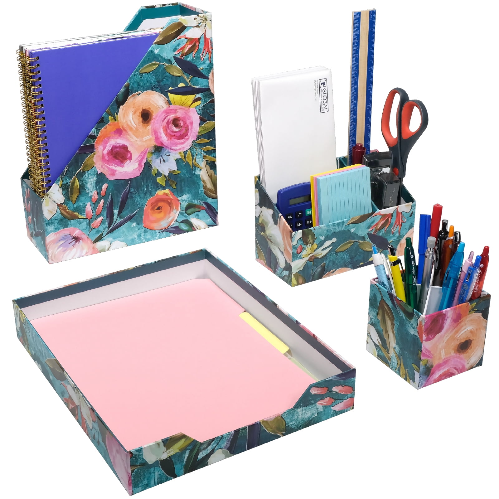 Global Printed Floral Desk Organizer Set - Letter Tray, Pen Holder ...