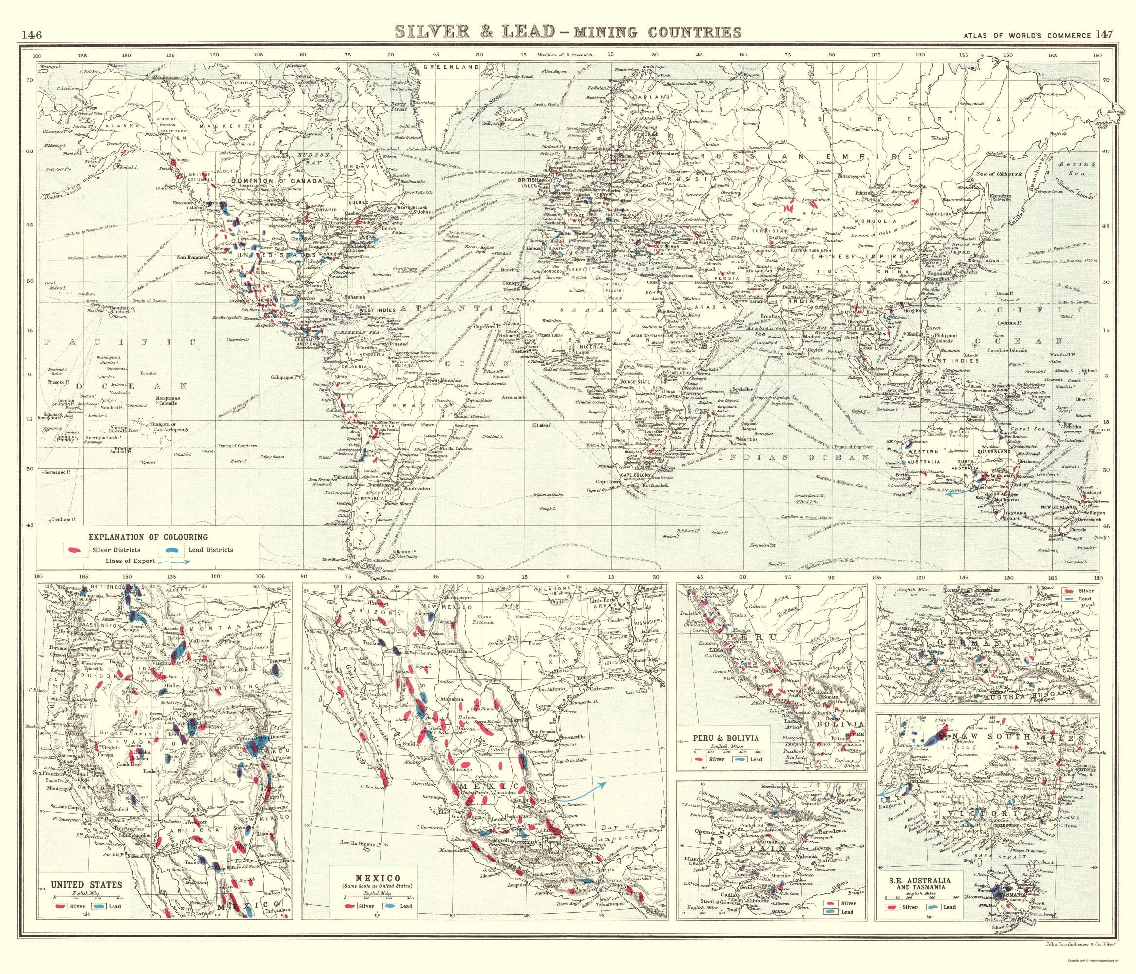 Historic Mine Map - Global Silver Lead Mining Countries - Bartholomew ...