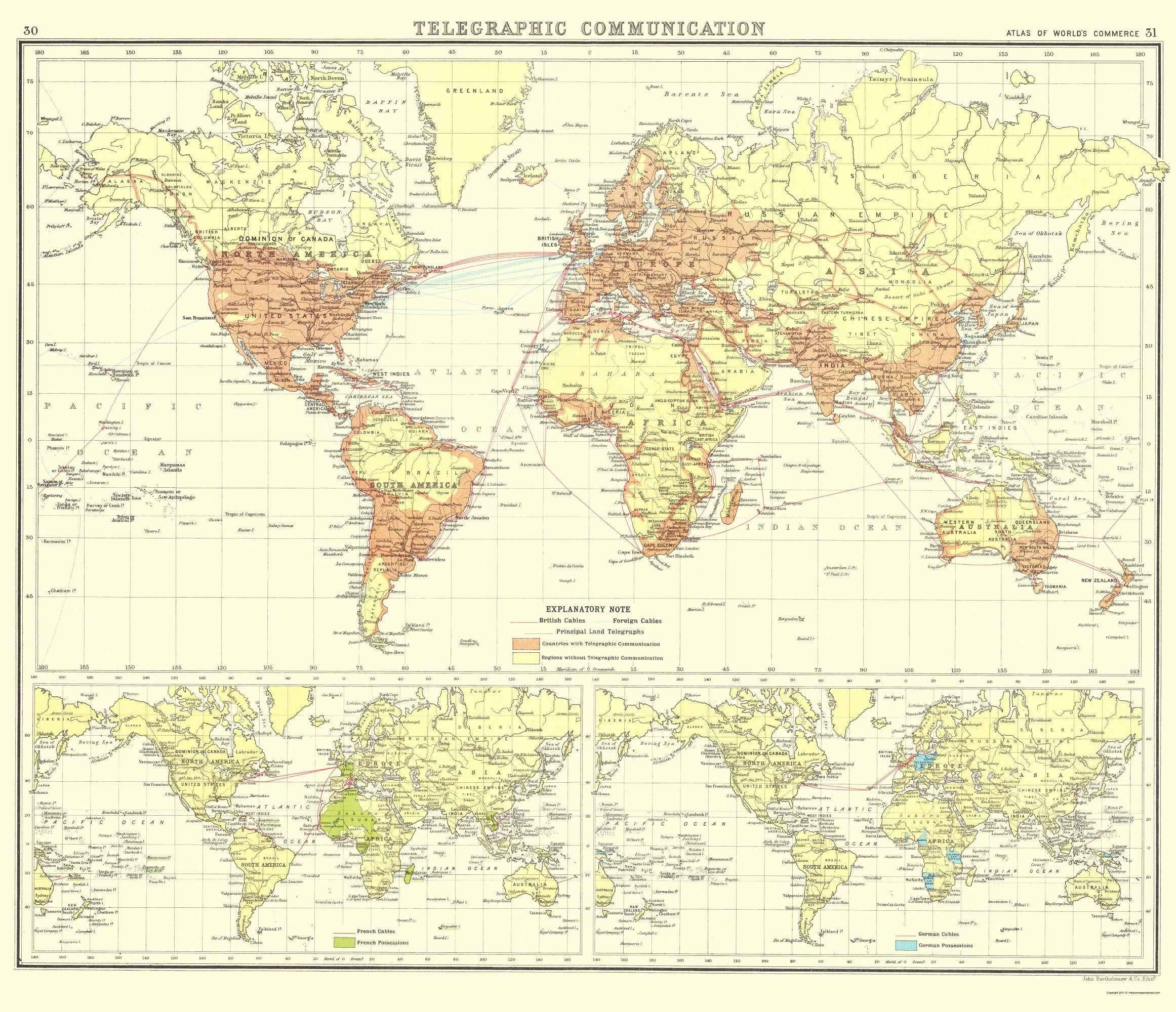 Historic Map - Global Telegraphic Communication - Bartholomew 1907 - 23 ...